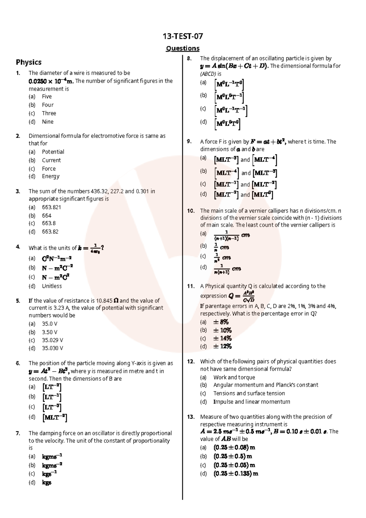 Physics 1: Significant Figures and Dimensional Analysis Quiz - Studocu