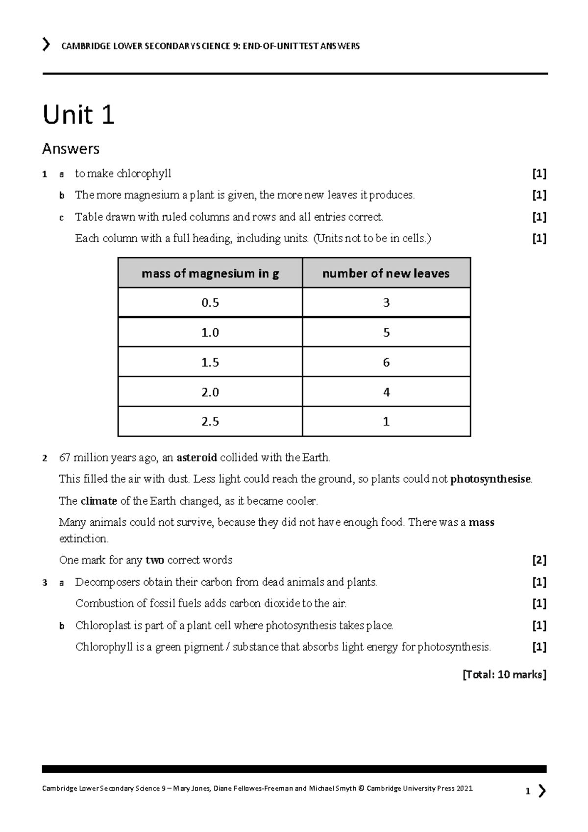 CAMBRIDGE LOWER SECONDARY SCIENCE 9: END OF UNIT TEST ANSWERS - Studocu