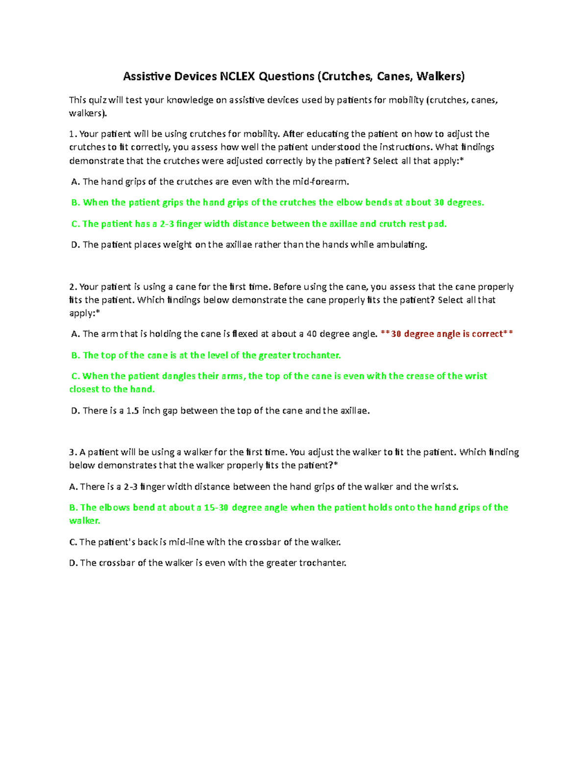 Canes, Crutches, Walkers Worksheet 1 - Assis$ve Devices NCLEX Ques$ons ...