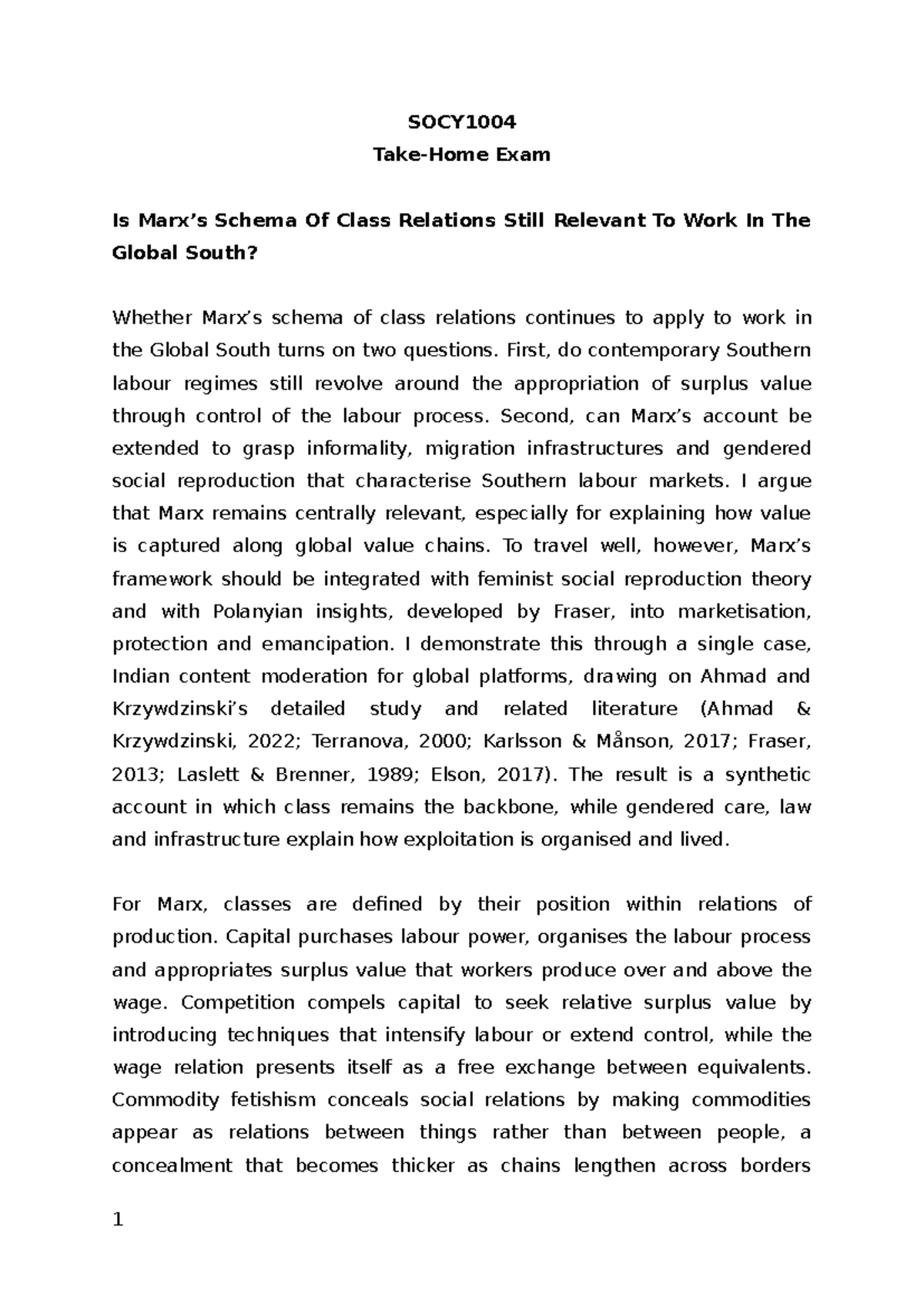 SOCY1004 Take-Home Exam: Class Relations in the Global South - Studocu