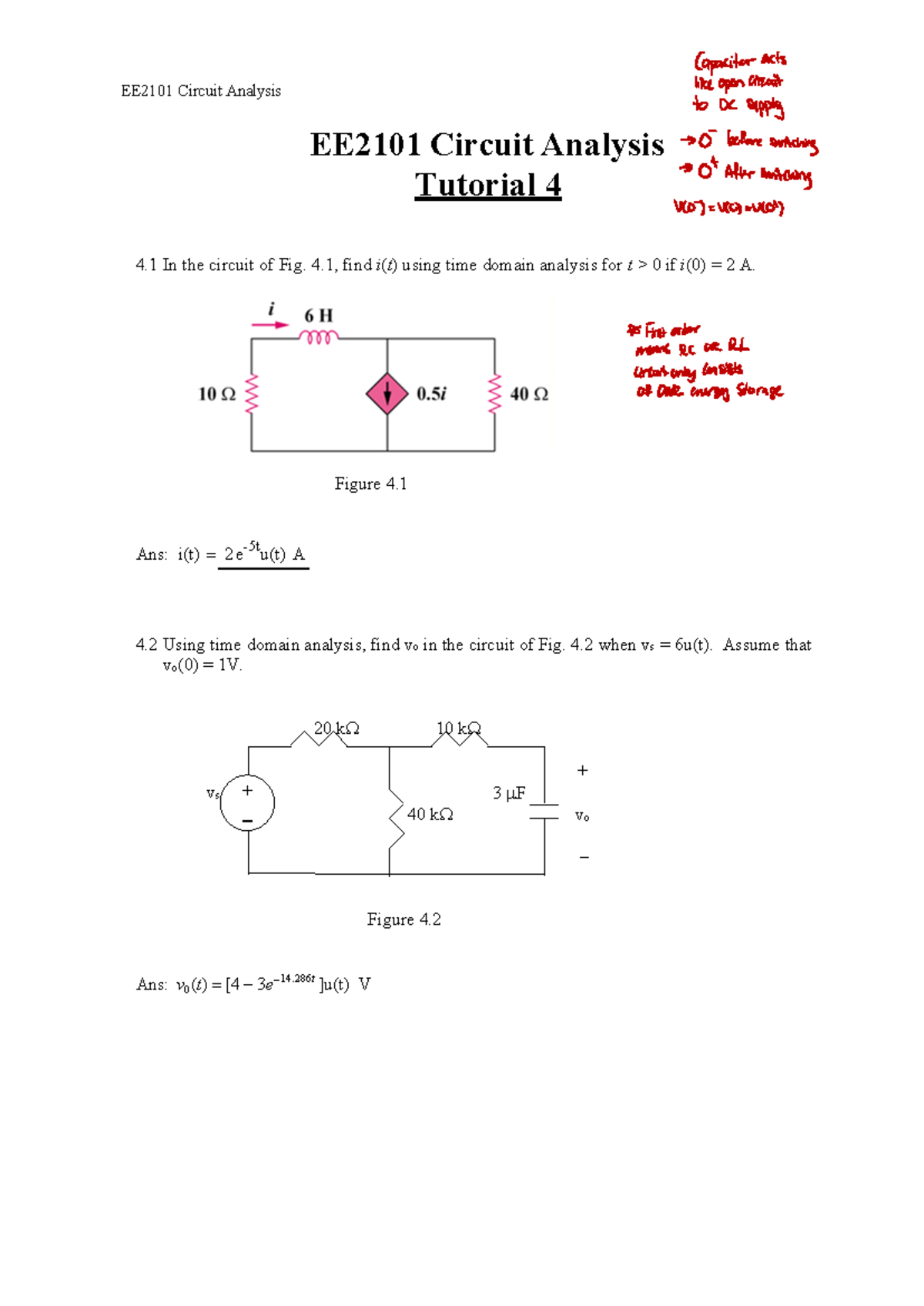 Tut 4 - tutorial - EE2101 Circuit Analysis EE2101 Circuit Analysis Tutorial 4 4 In the circuit ...