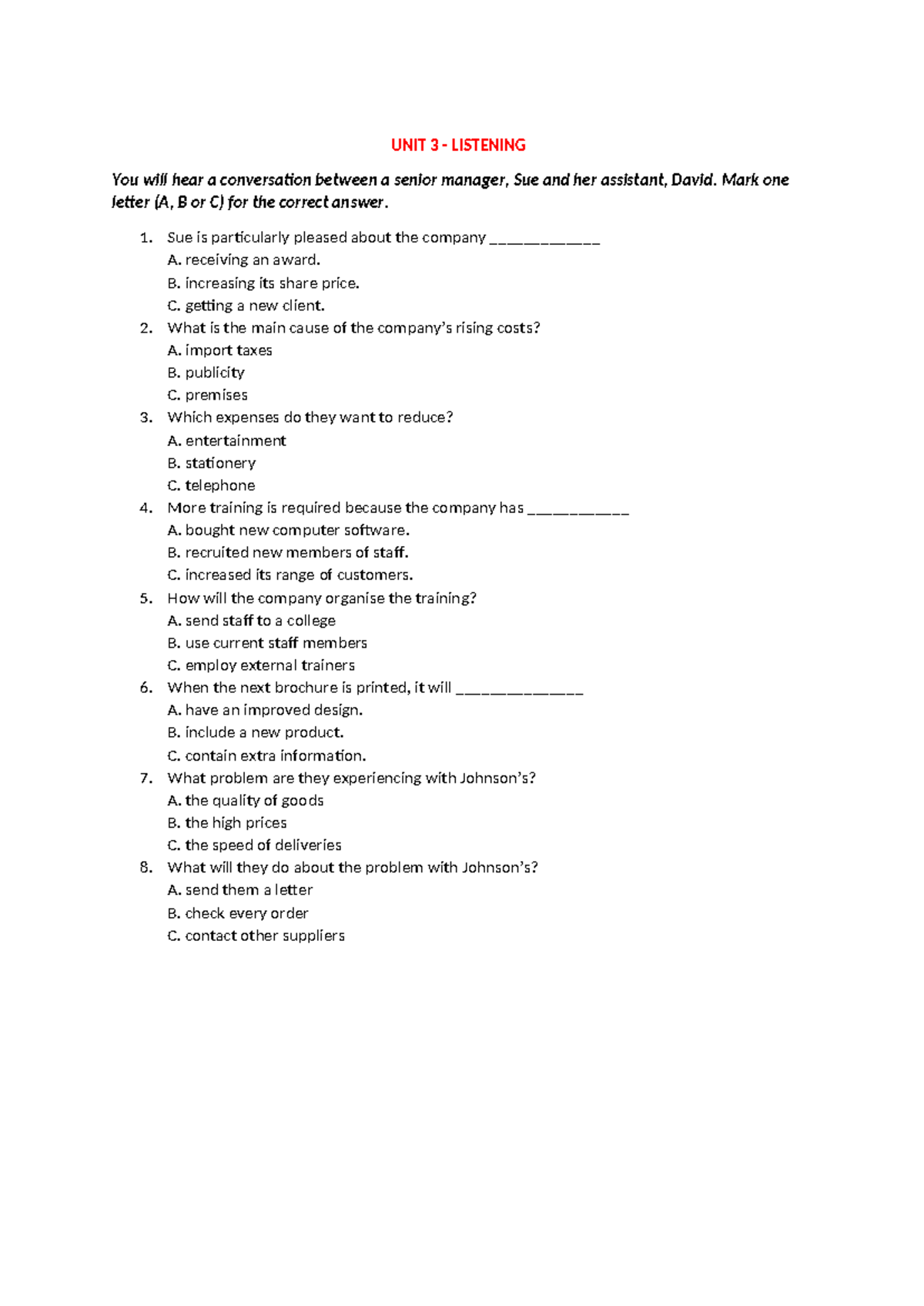 UNIT 3 - Listening Exercise Questions and Answers - Studocu