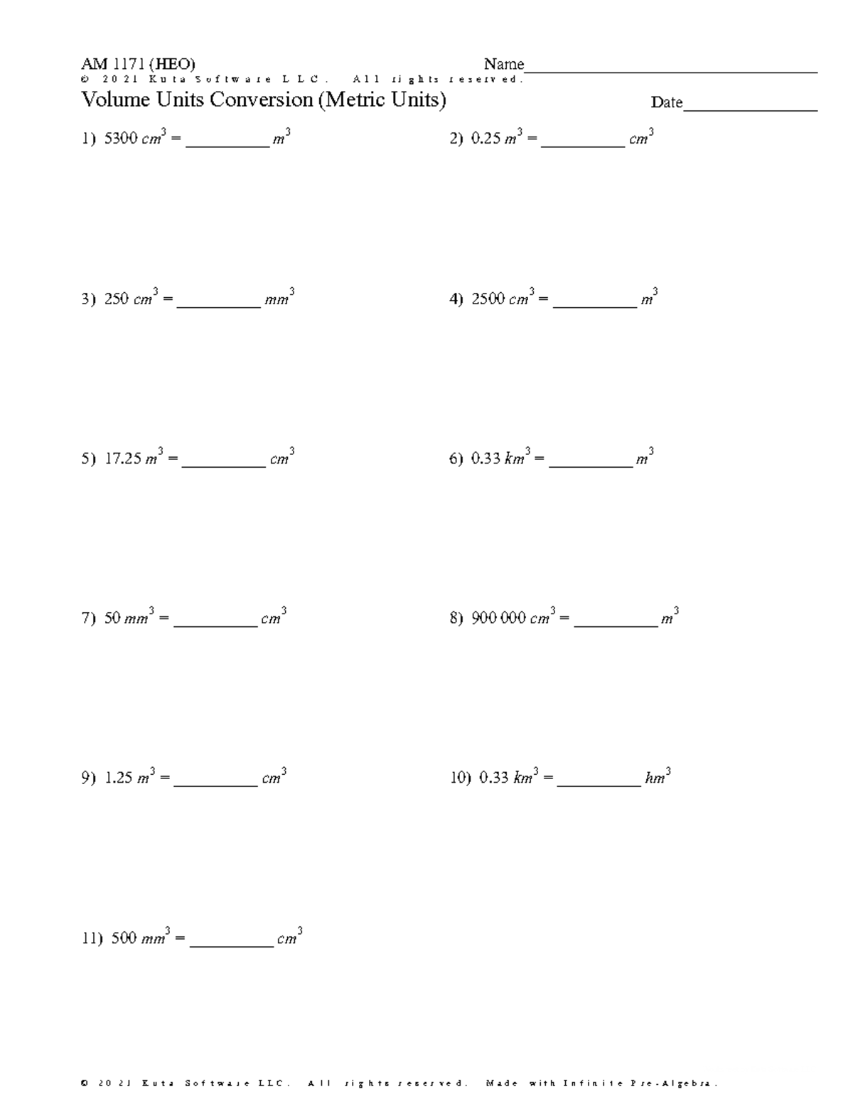 AM 1171 Volume Conversion Worksheet: Metric to Metric - Studocu