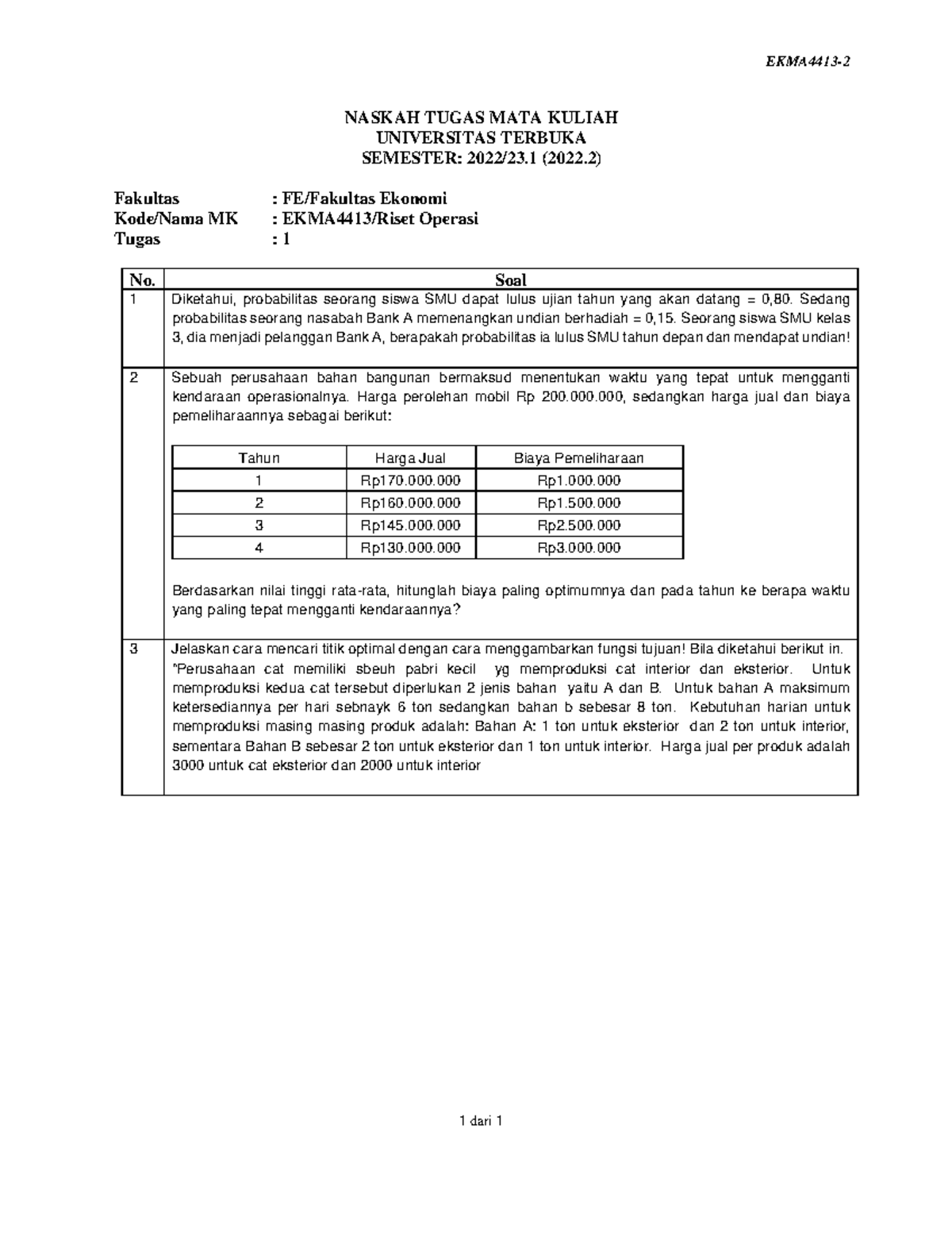 Tugas 1 EKMA4413 Riset Operasi - Probabilitas dan Optimasi - Studocu