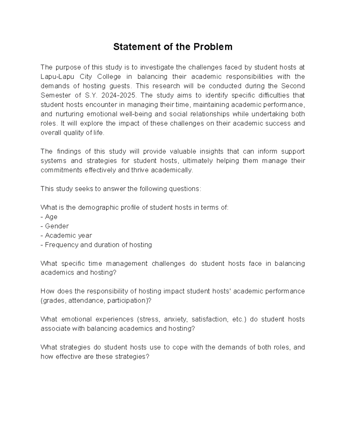 SOP - Notes - Statement of the Problem The purpose of this study is to ...