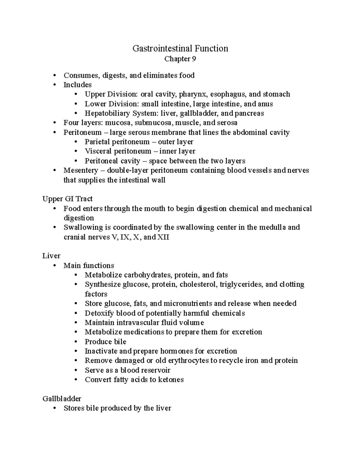 Ch. 9 Gastrointestinal Outline - Gastrointestinal Function Chapter 9 ...