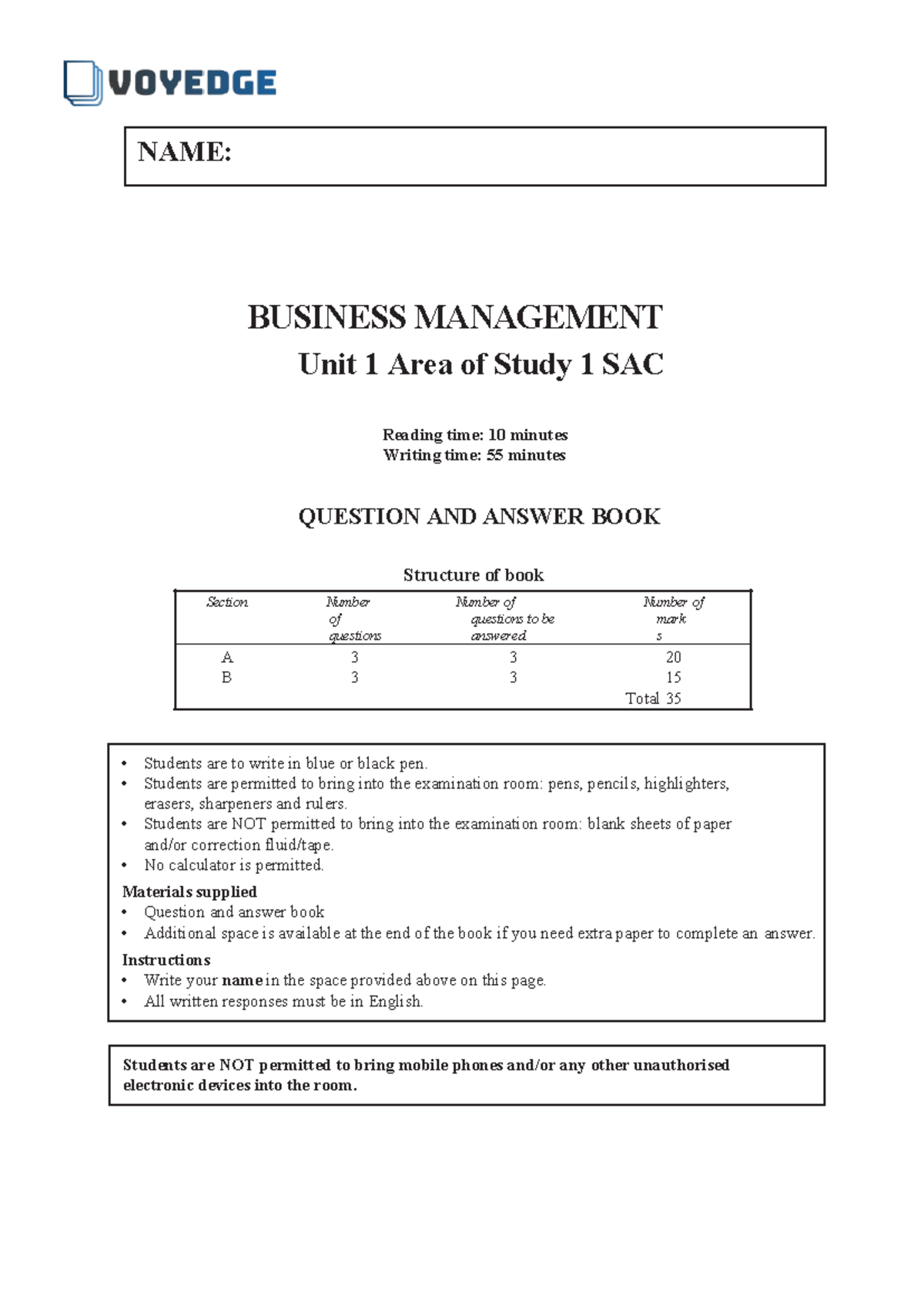 Business Management Unit 1 AOS 1 SAC Exam Guide - Studocu