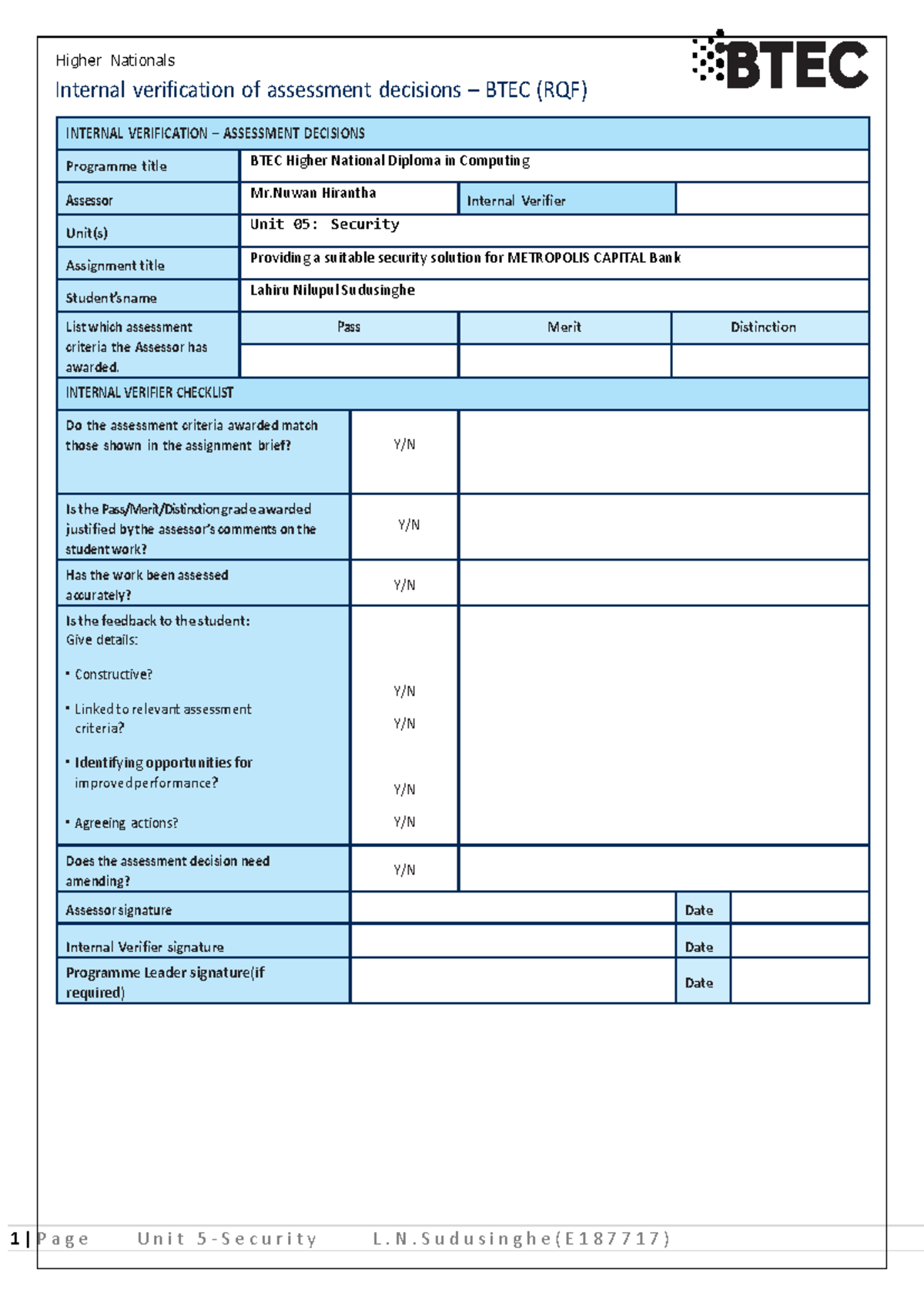 Network Security - Higher Nationals Internal verification of assessment decisions – BTEC (RQF ...