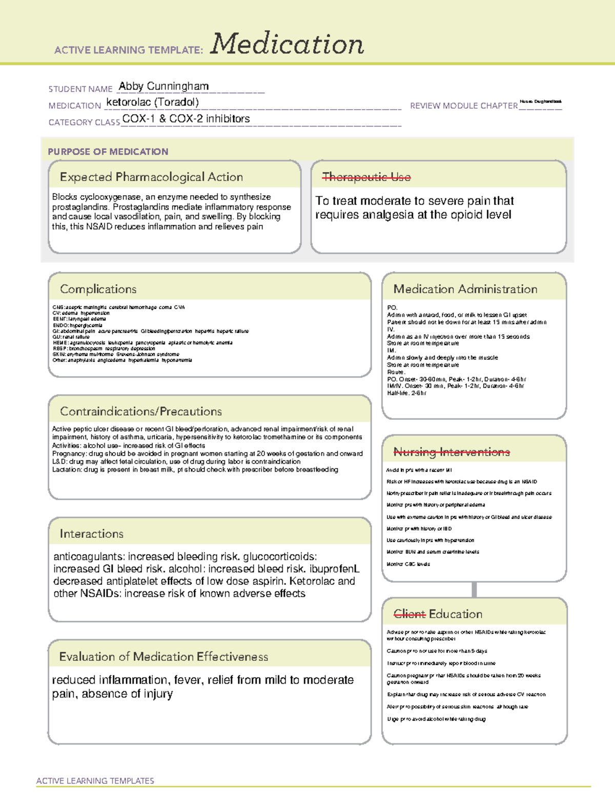 Toradol (Ketorolac) MT - Active Learning Template for Nursing - Studocu