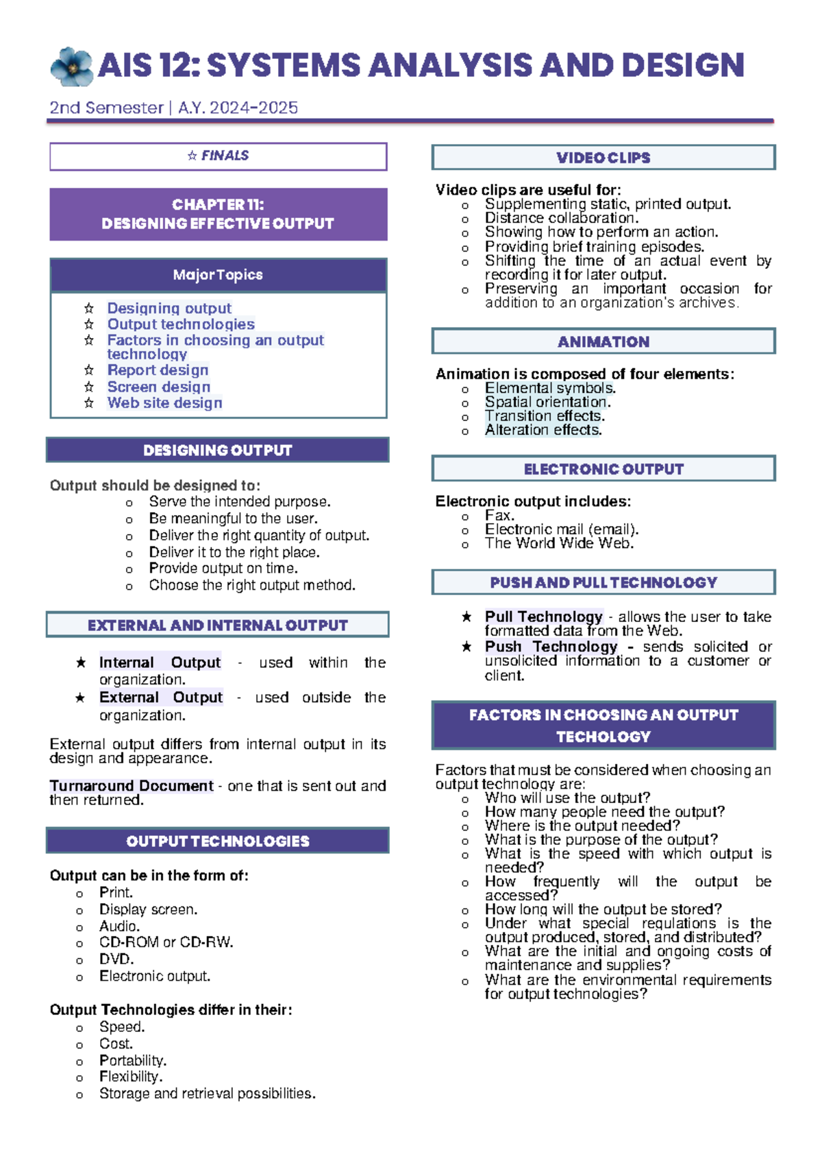 AIS 12: Systems Analysis & Design - Final Exam Review Chapter 11 Output ...
