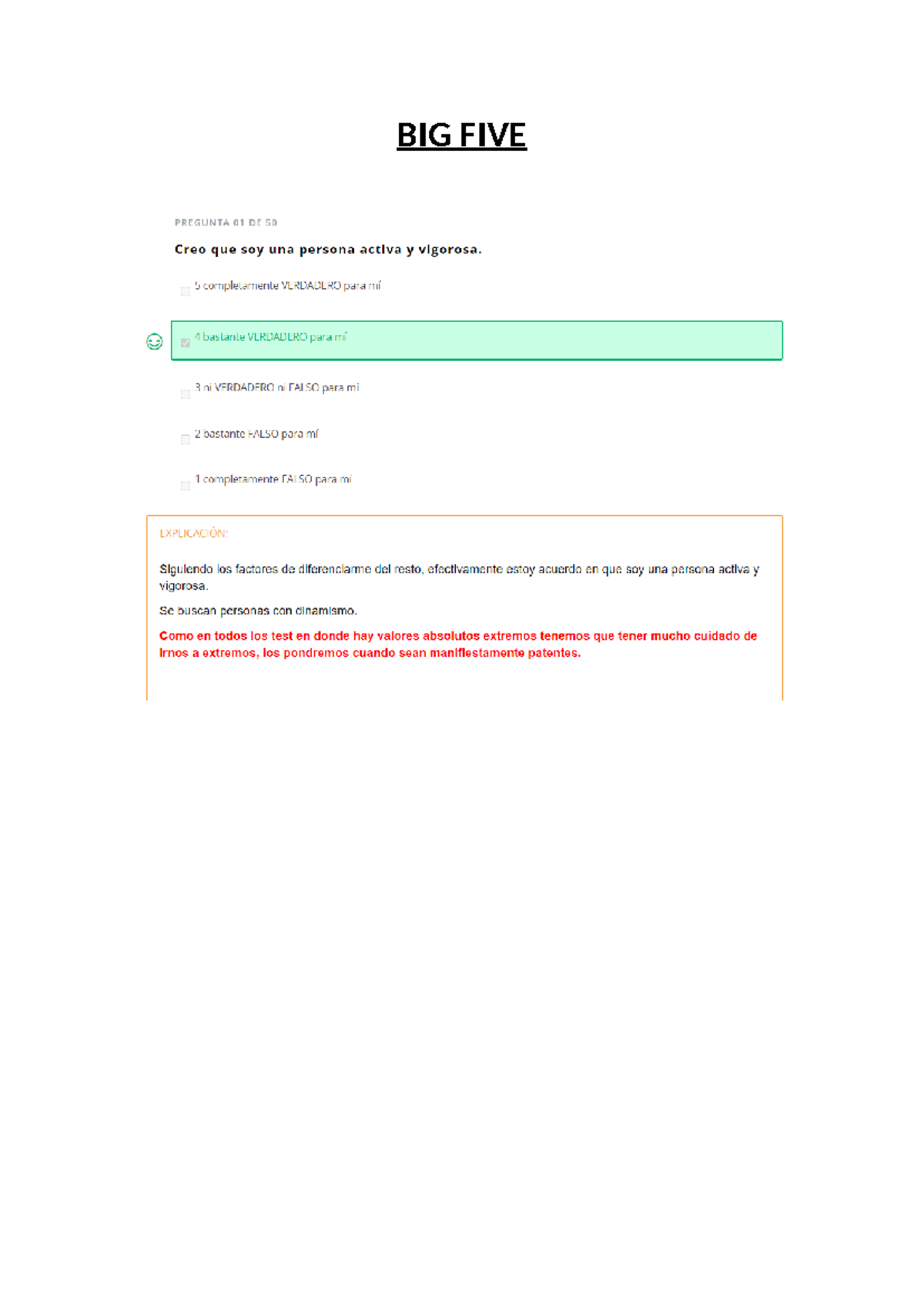 BIG FIVE Test de Personalidad - Respuestas y Explicaciones - Studocu