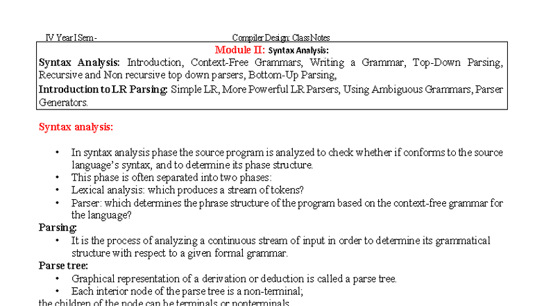 IV Year I Sem CSE Compiler Design: Class Notes on Syntax Analysis - Studocu