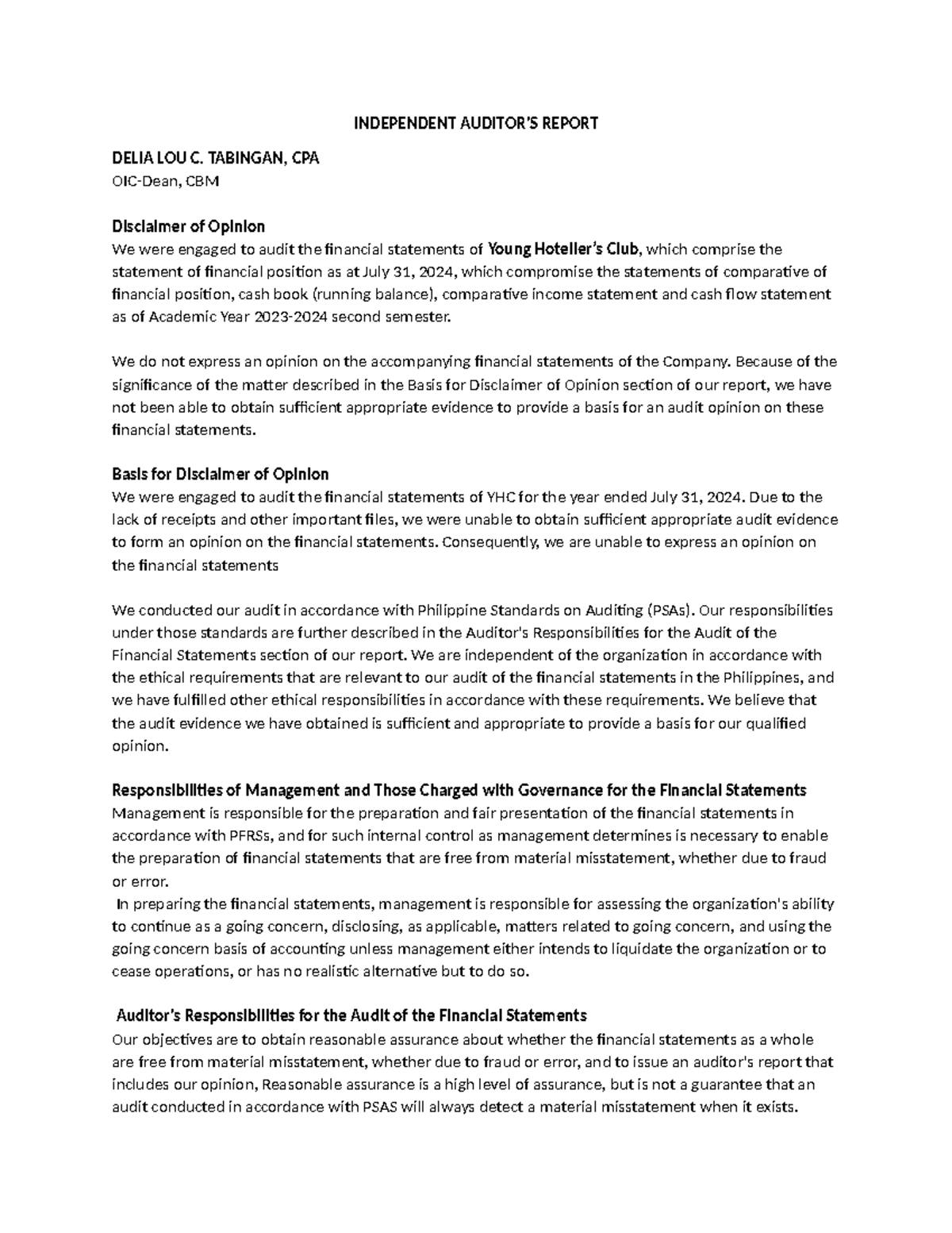 Yhccc - INDEPENDENT AUDITOR'S REPORT DELIA LOU C. TABINGAN, CPA OIC ...