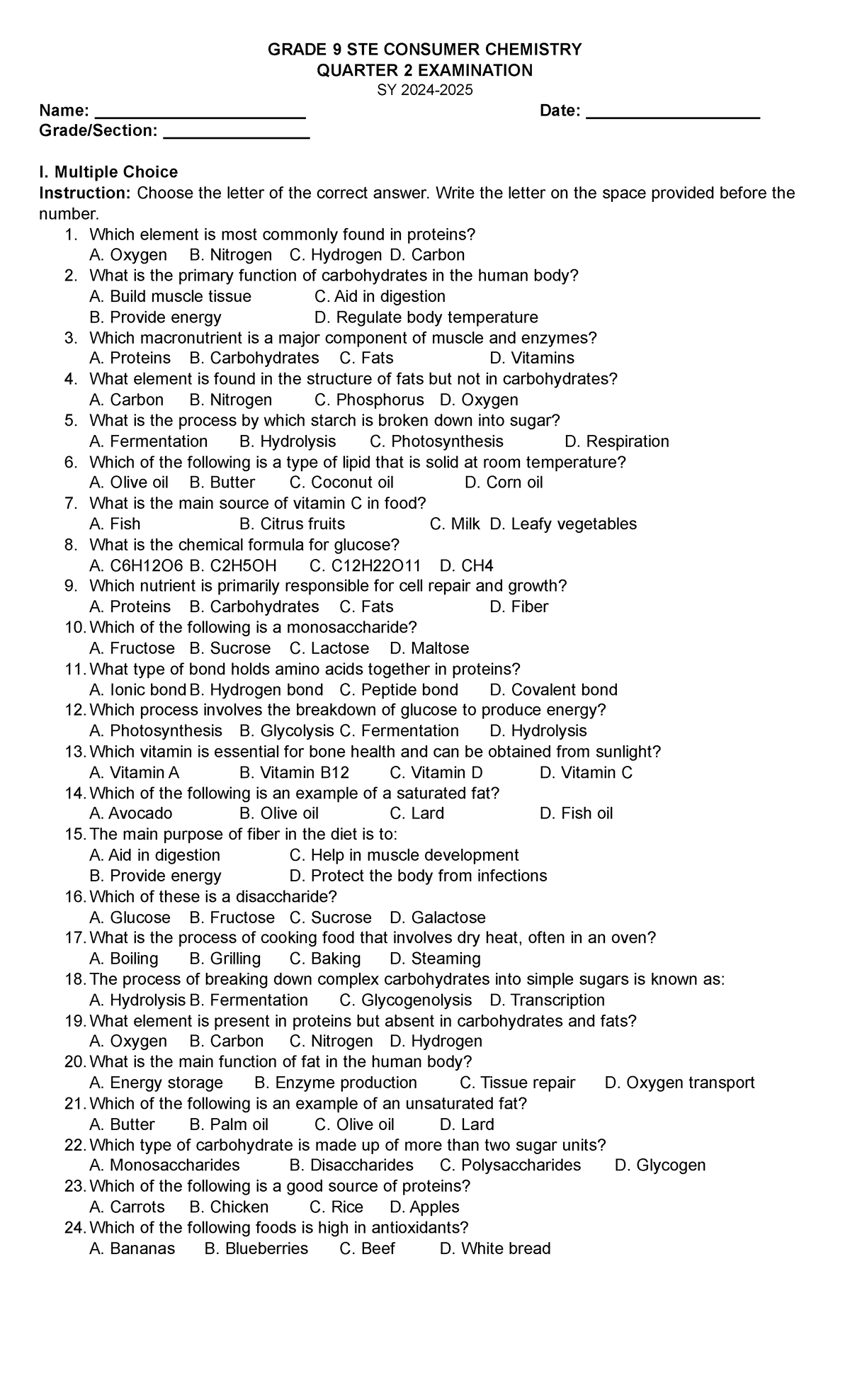 Grade 9 STE Science Q2 Exam 3 - GRADE 9 STE CONSUMER CHEMISTRY QUARTER ...