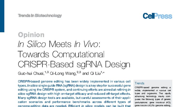 2017-CRISPR sgRNA Design: In Silico Meets In Vivo Insights - Studocu
