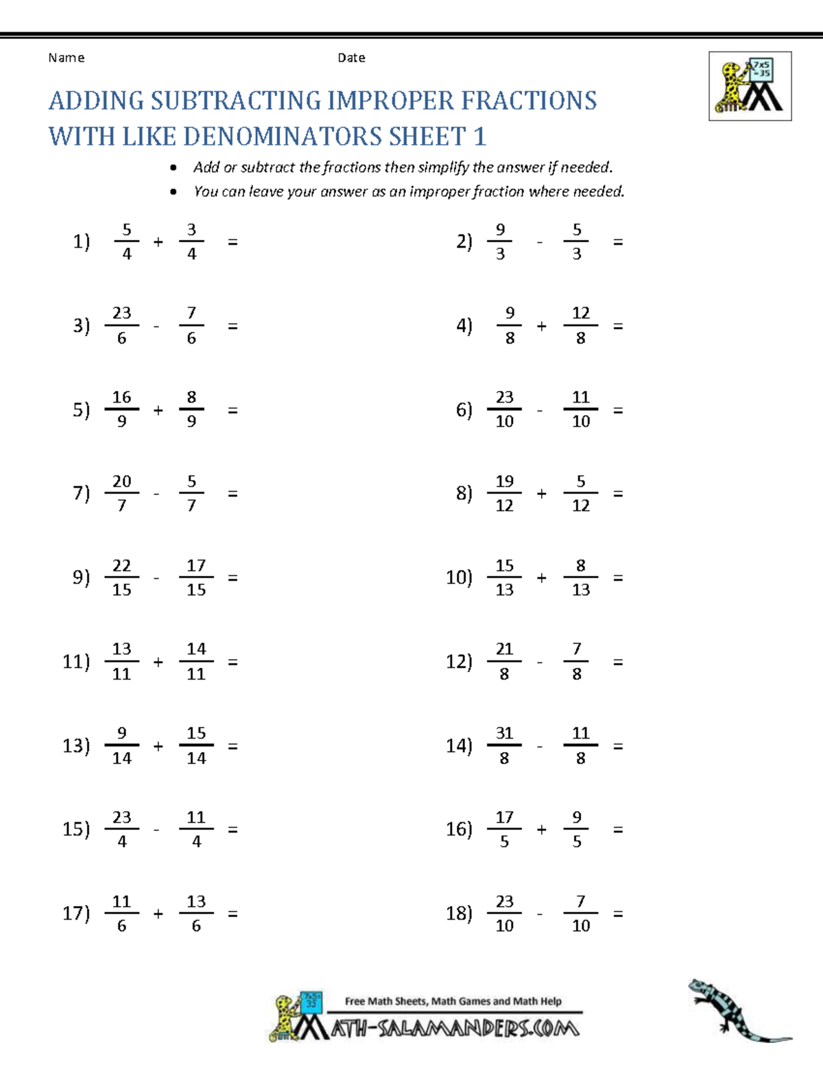 MATH 101: Adding & Subtracting Improper Fractions with Like ...