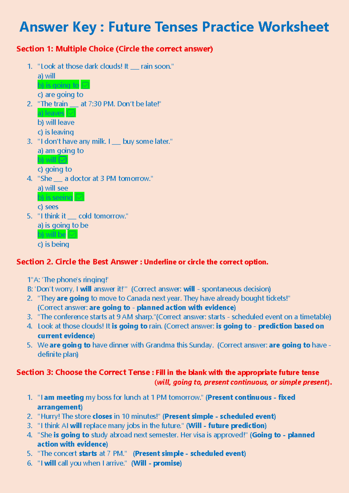 Answer Key: Future Tenses Practice Worksheet (Section 1-5) - Studocu