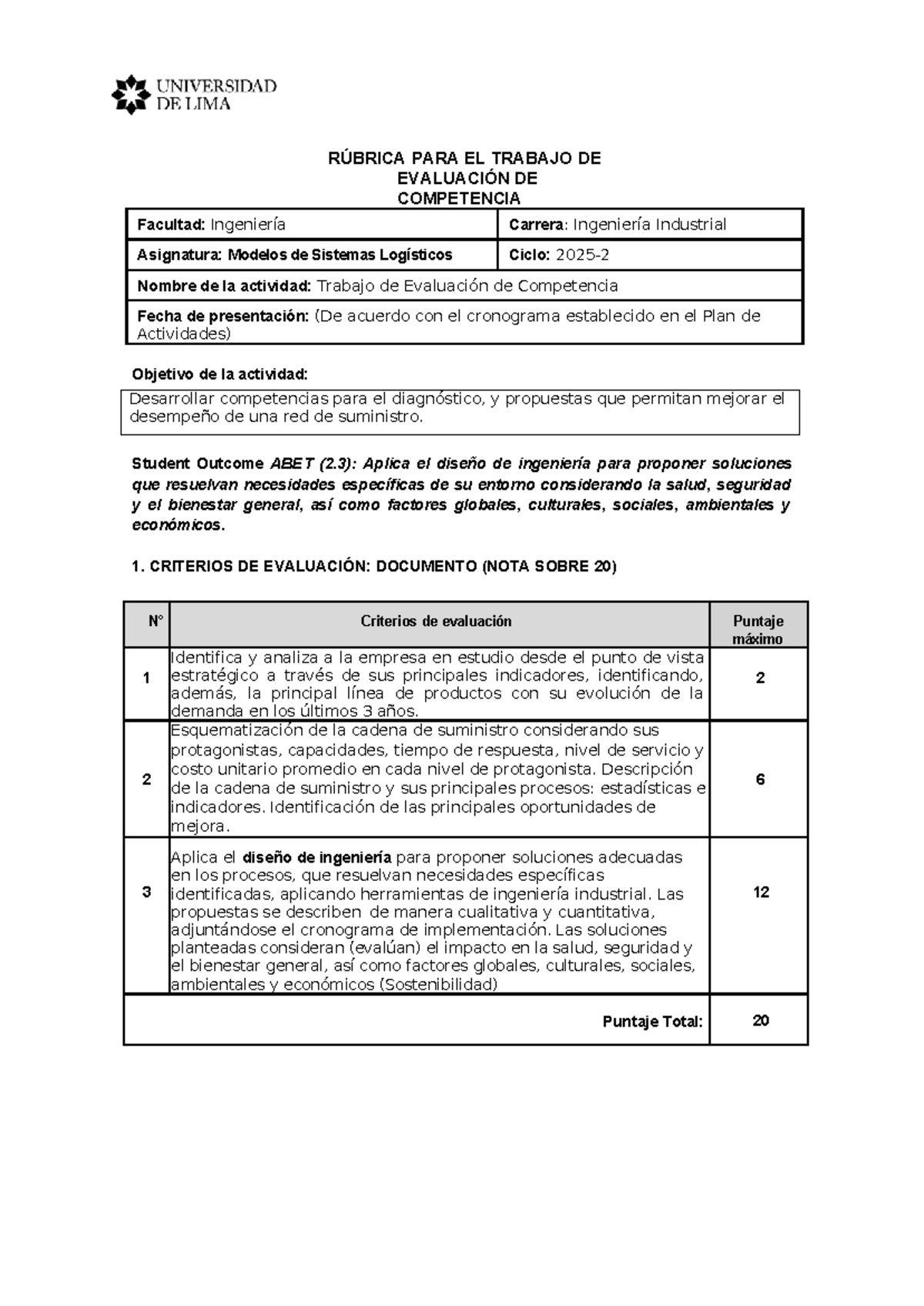 MSL 2025-2: Rúbrica para Trabajo de Evaluación de Competencia - Studocu