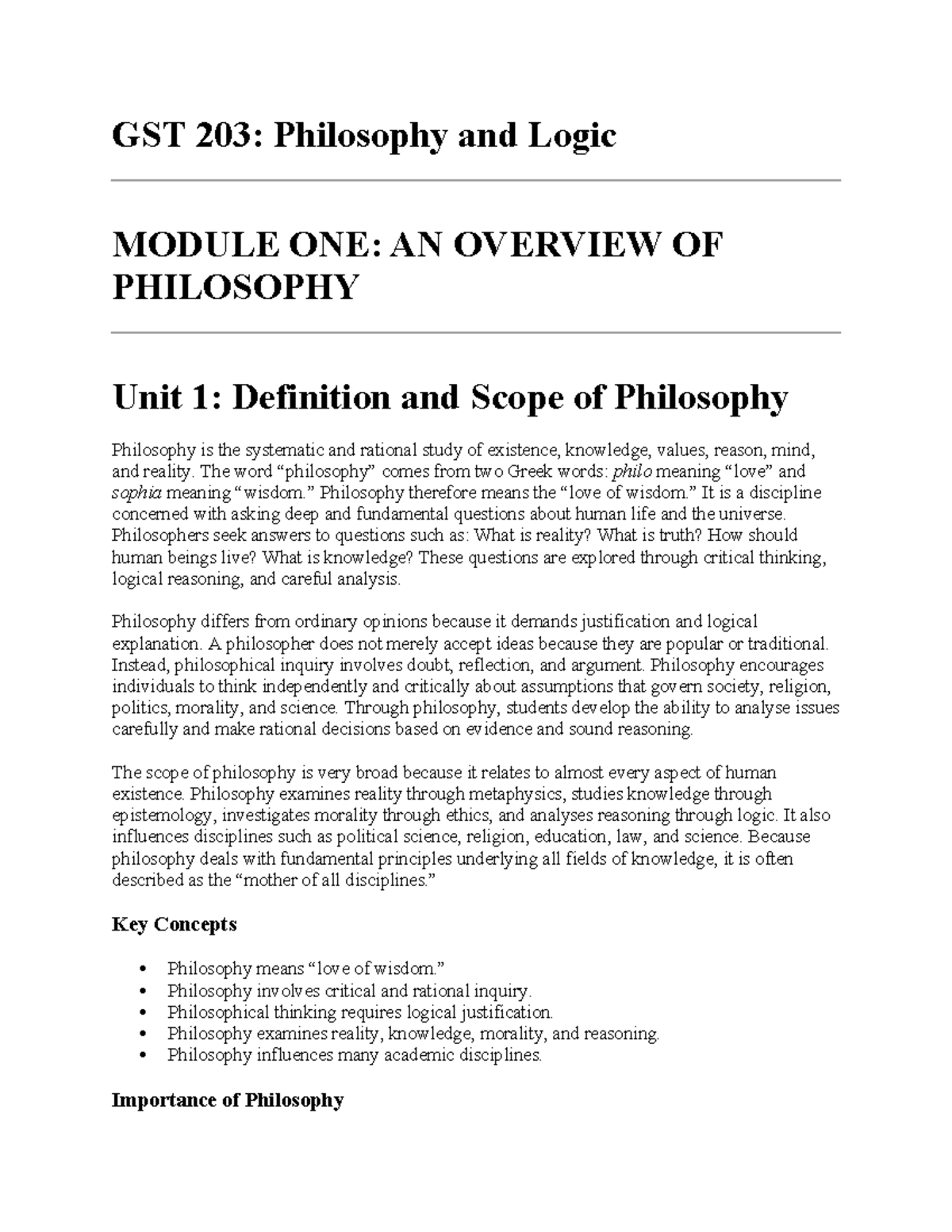GST 203: Philosophy and Logic - Comprehensive Study Guide for Students ...