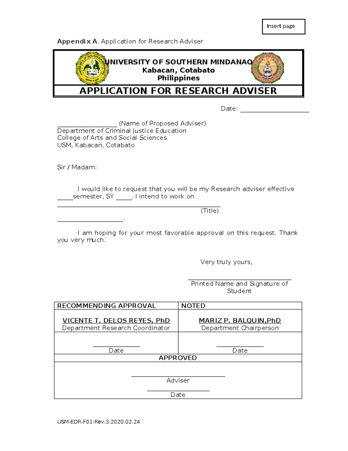 EDR F01 Application for Research Adviser Request - Studocu