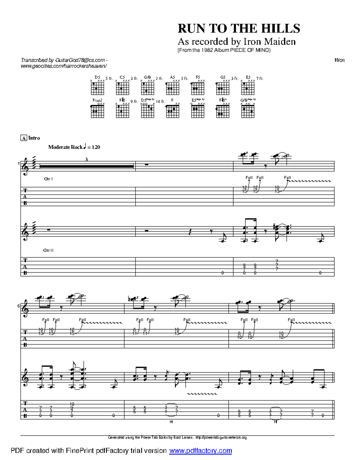 RUN TO THE HILLS - Iron Maiden (Guitar Tab) - Studocu