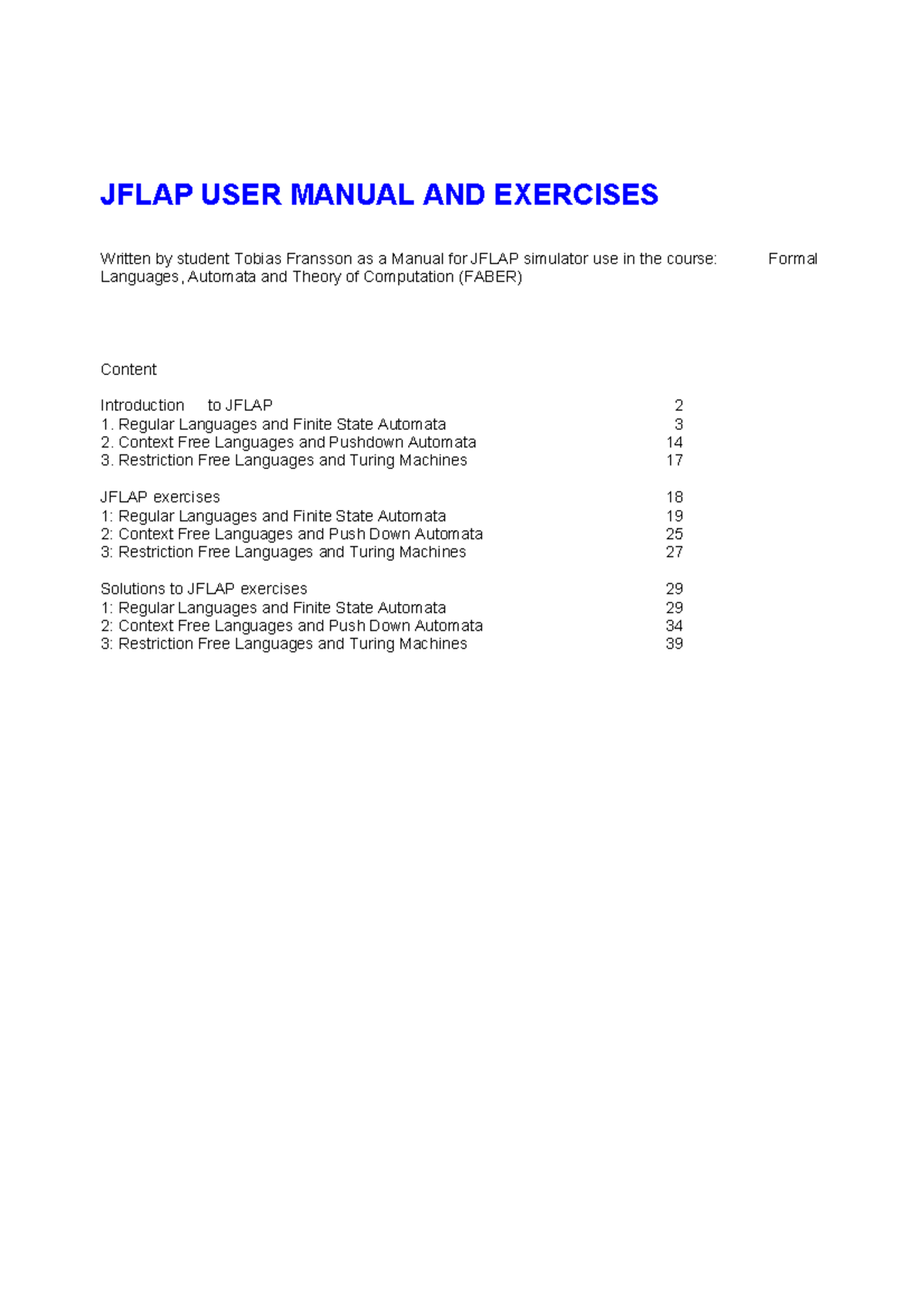 JFLAP User Manual & Exercises for Languages, Automata, and Computation ...