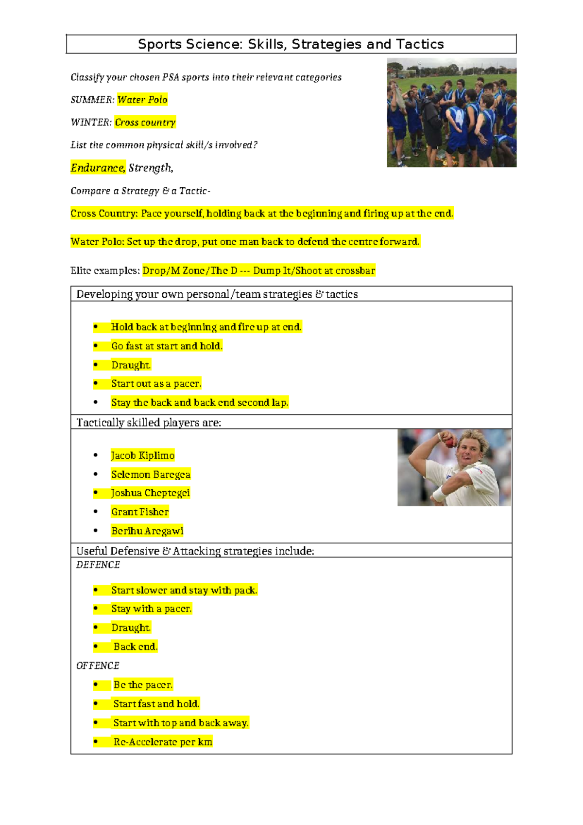 10SSC Summer & Winter Sports Strategies and Tactics Notes - Studocu