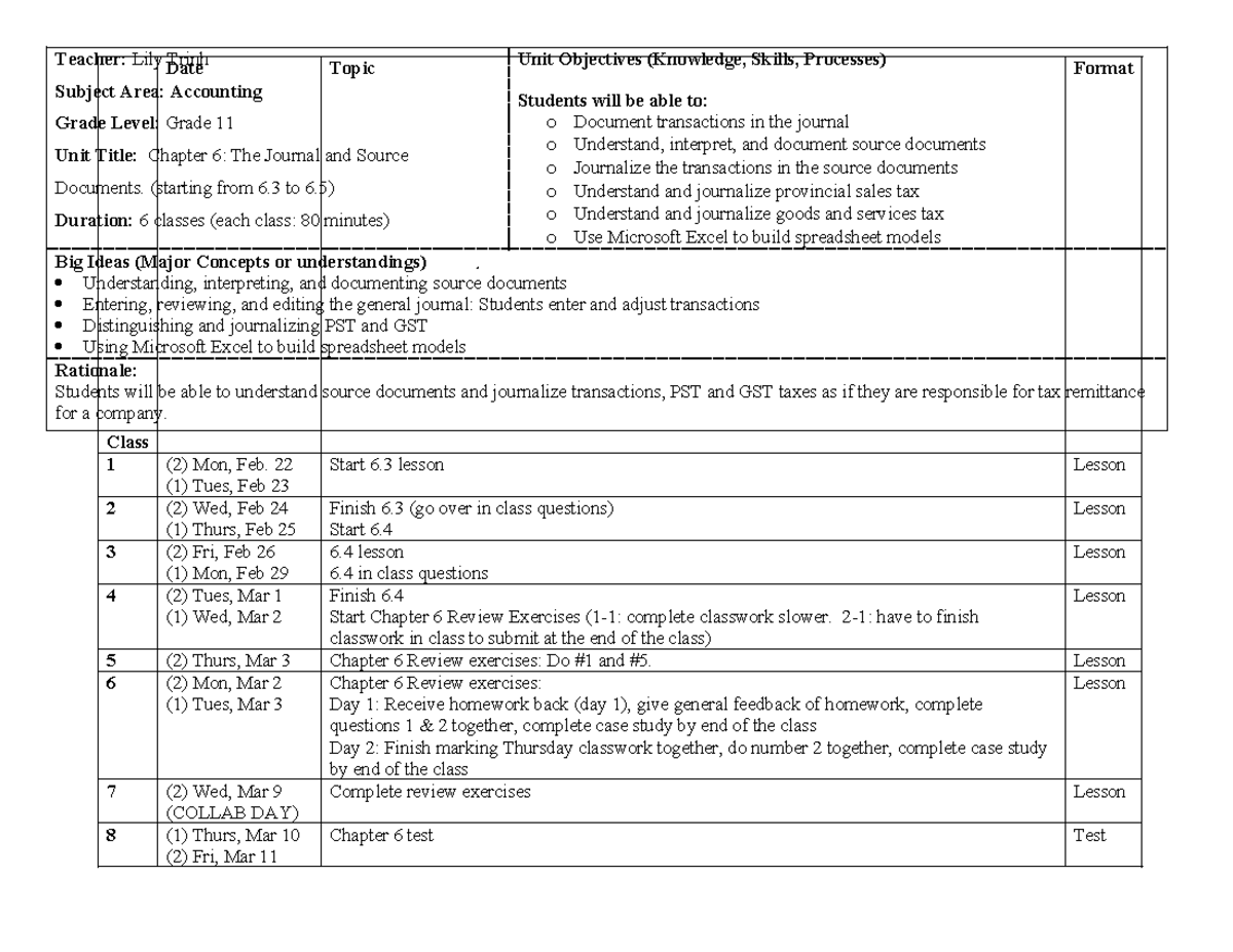 Accounting-11 Chapter 6 Unit Plan: The Journal & Source Docs - Studocu