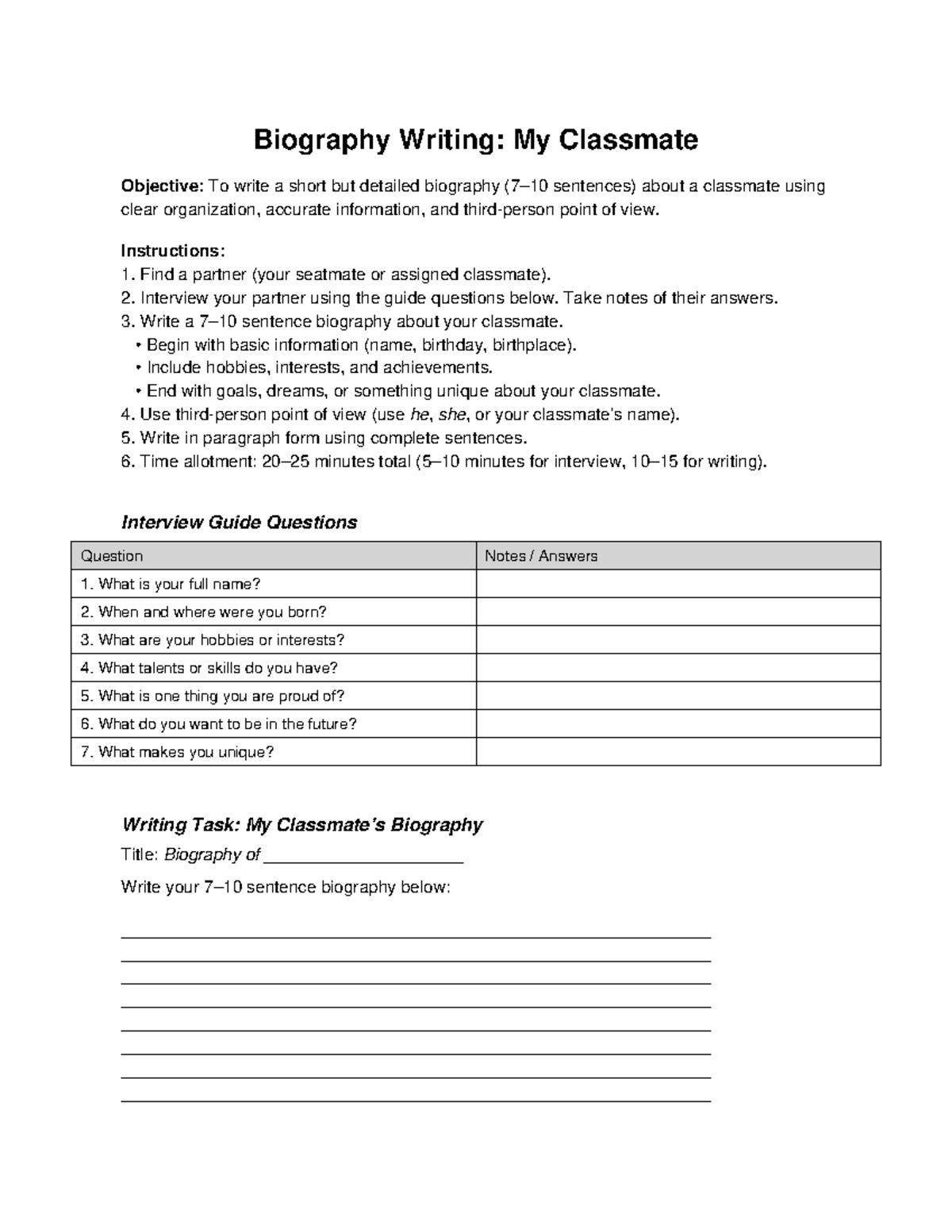 Biography Writing: My Classmate (7-10 Sentences) - Studocu