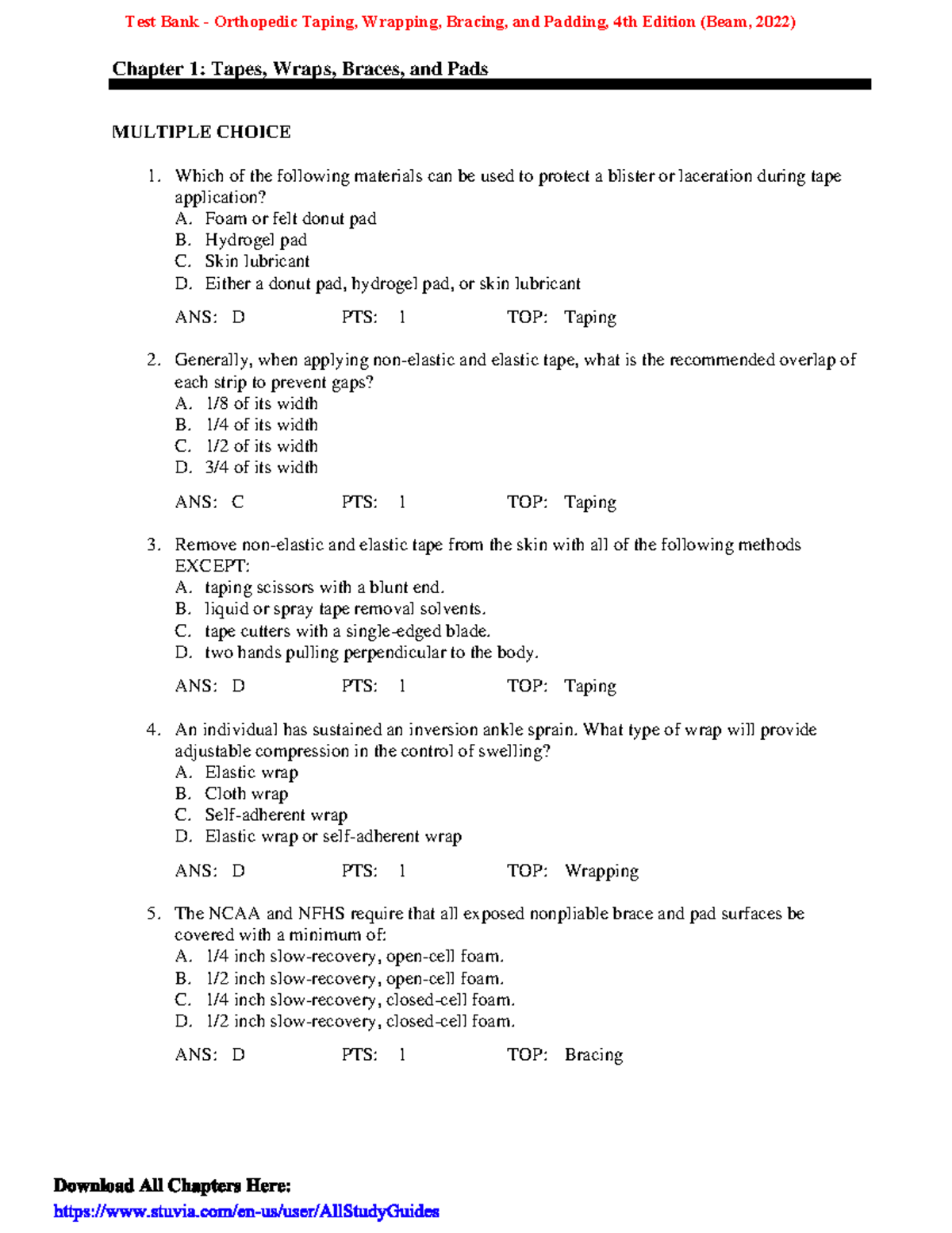 Test Bank: Orthopedic Taping, Wrapping, Bracing & Padding (4th Ed ...
