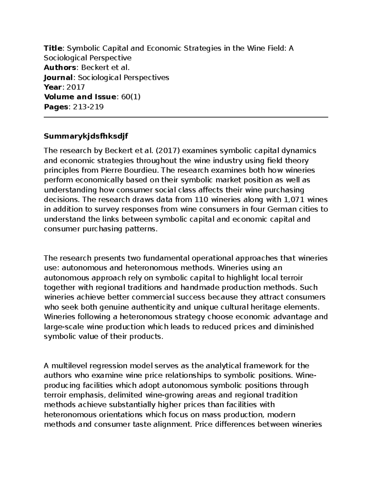 Symbolic capital and economic strategies in the wine industry: A ...