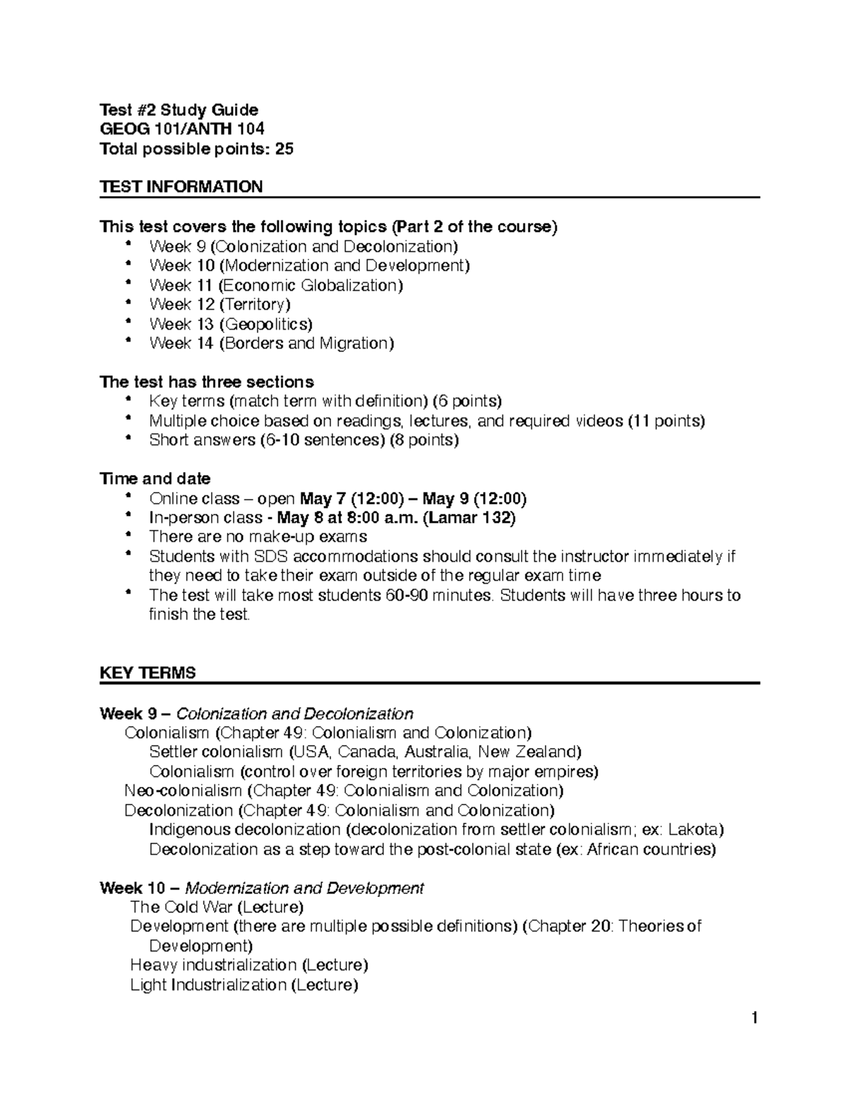 GEOG 101/ANTH 104 Test 2 Study Guide: Key Topics & Key Terms for 2025 ...