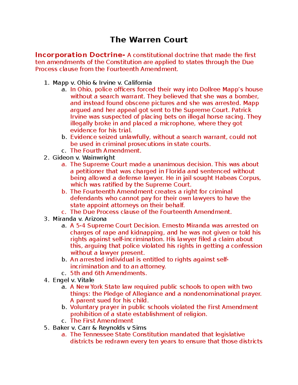 Warren Court Landmark Cases Review - Civil Liberties & Amendments - Studocu