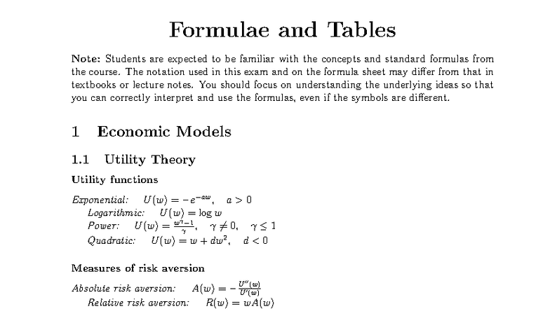 Formulae and Tables for Economic Models and Financial Derivatives - Studocu