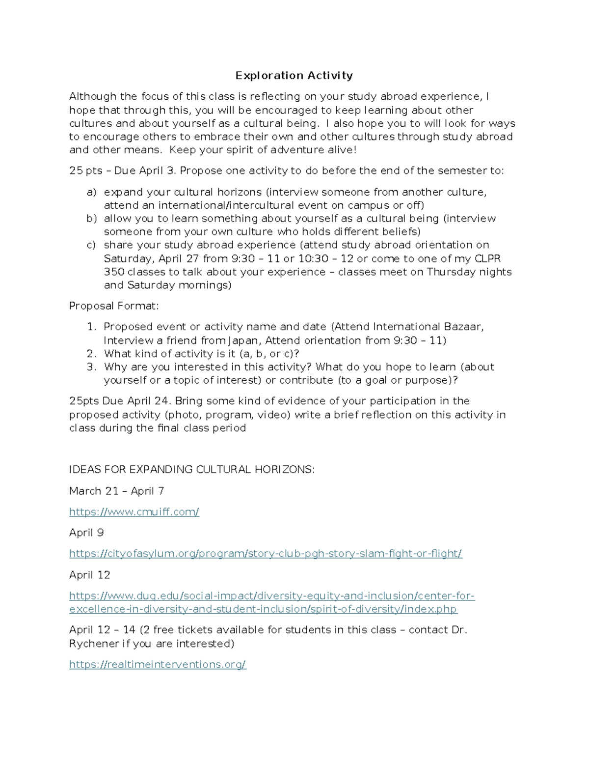 Cultural Exploration Activity Proposal - CLPR 350 - Studocu