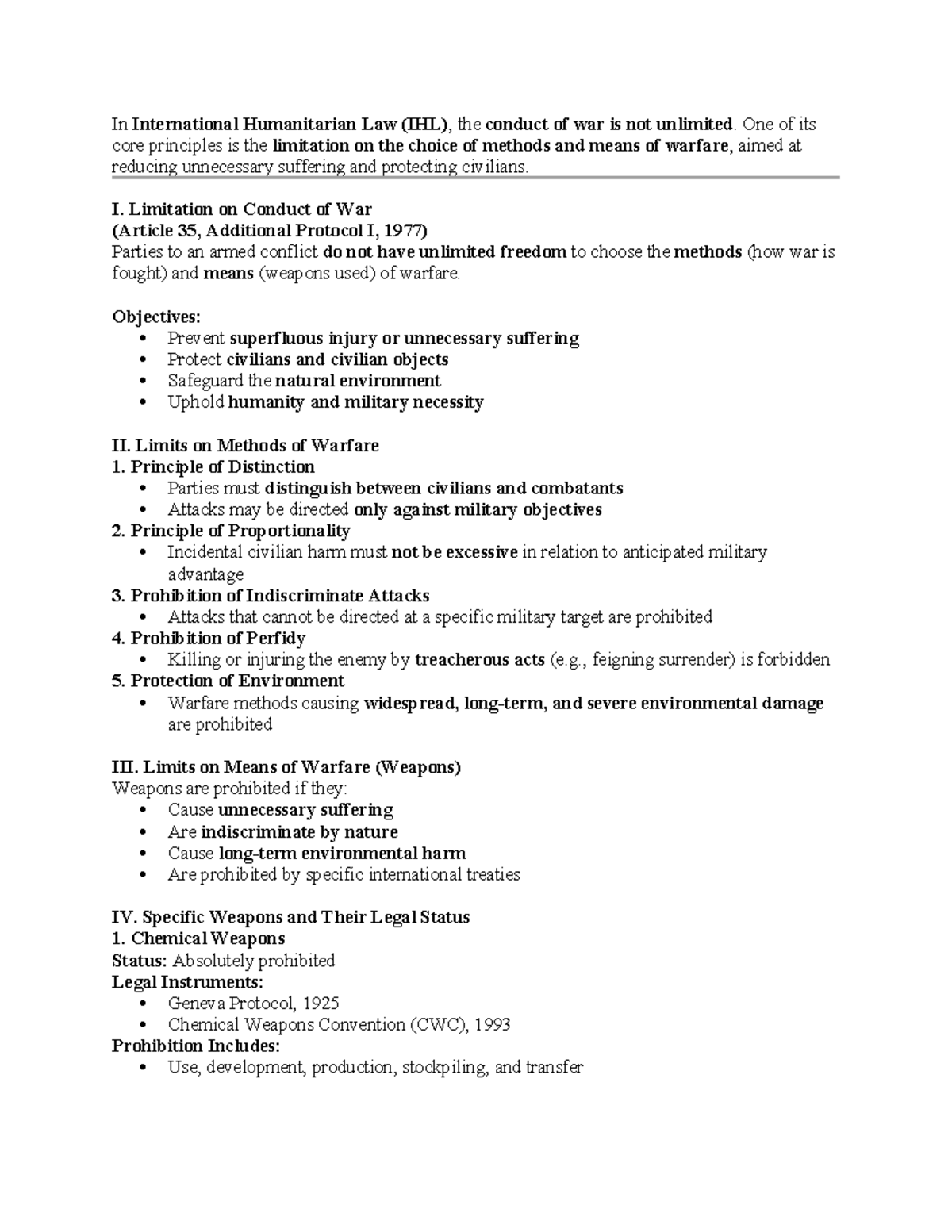 IHL Overview: Limitations on Conduct and Methods of Warfare - Studocu