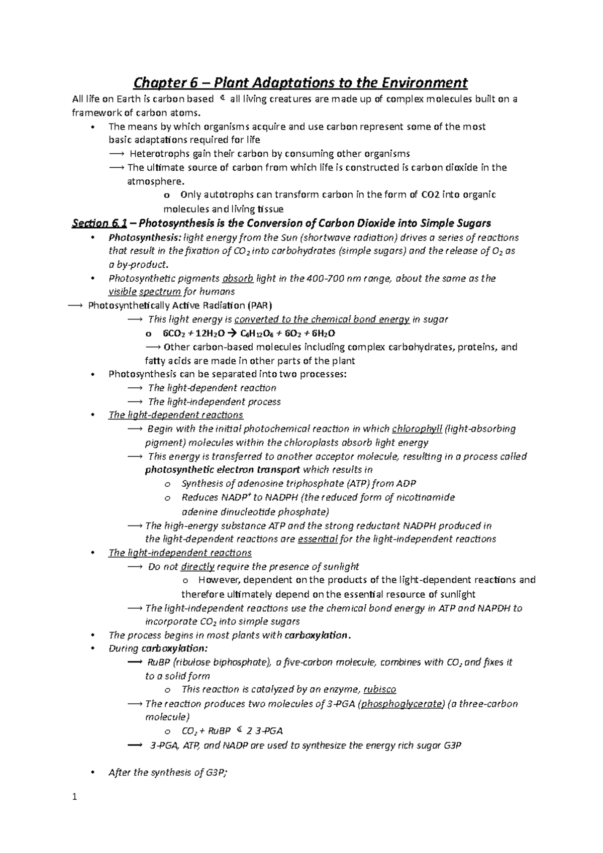 Chapter 6: Plant Adaptations to Environmental Conditions - Studocu