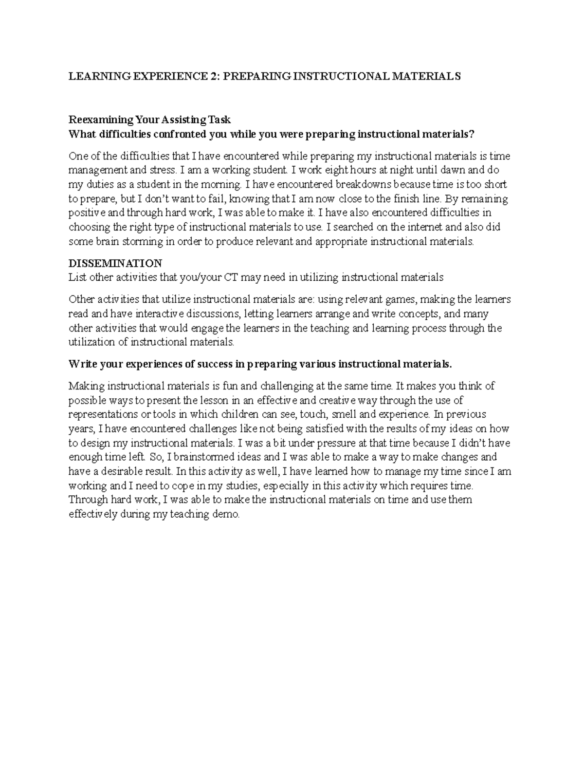 PREPARING INSTRUCTIONAL MATERIALS - LEARNING EXPERIENCE 2: PREPARING ...