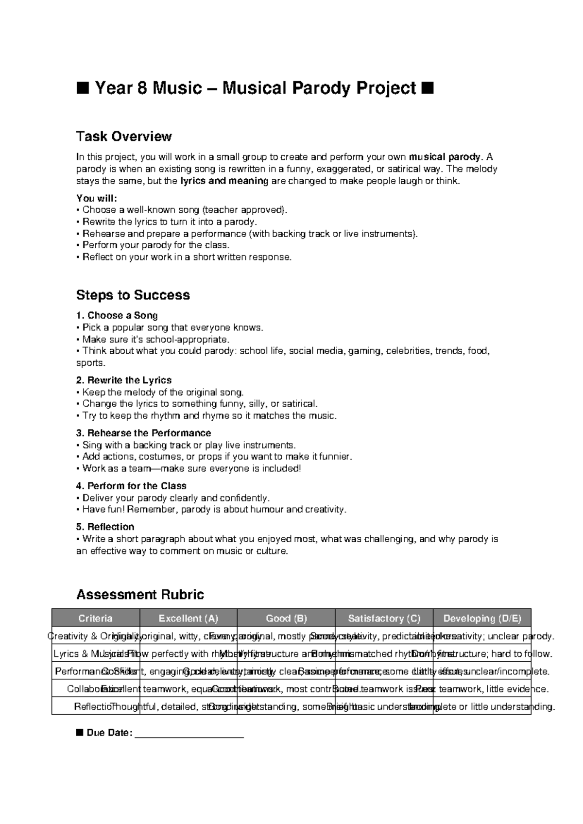 Musical Parody Project Overview - Year 8 Music Task - Studocu