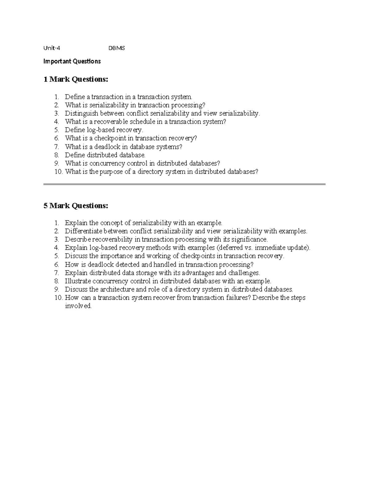 Unit-4 DBMS Important Questions for Quick Revision - Studocu