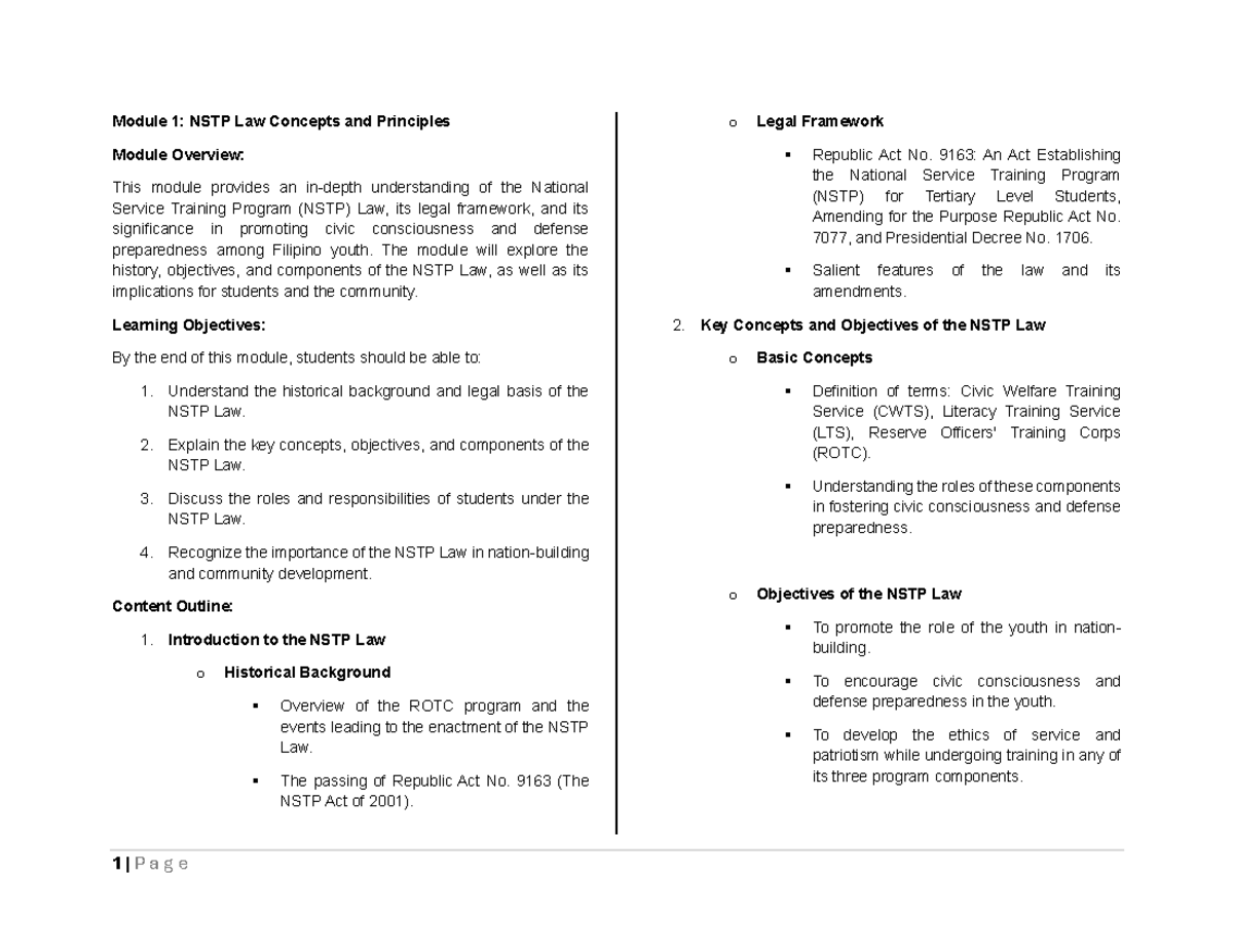 CWTS Module 1: Understanding NSTP Law, Concepts, and Principles - Studocu
