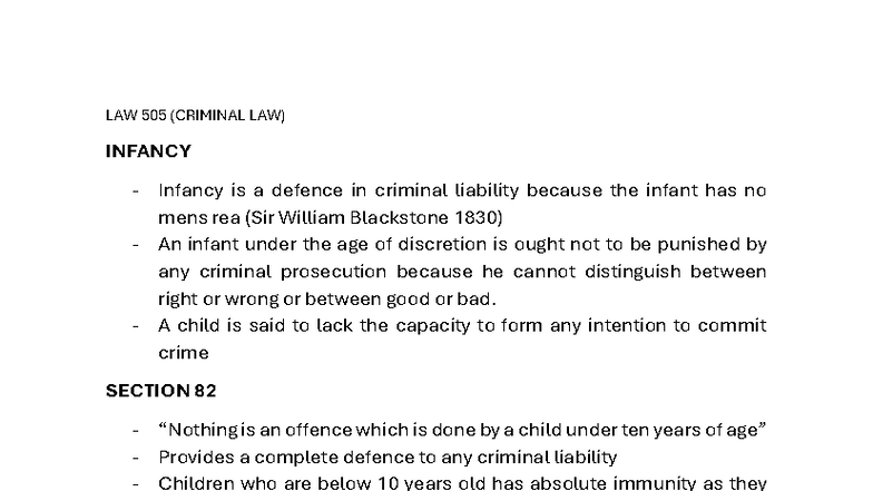 LAW 505 Criminal Law: Notes on Infancy Defense - Studocu