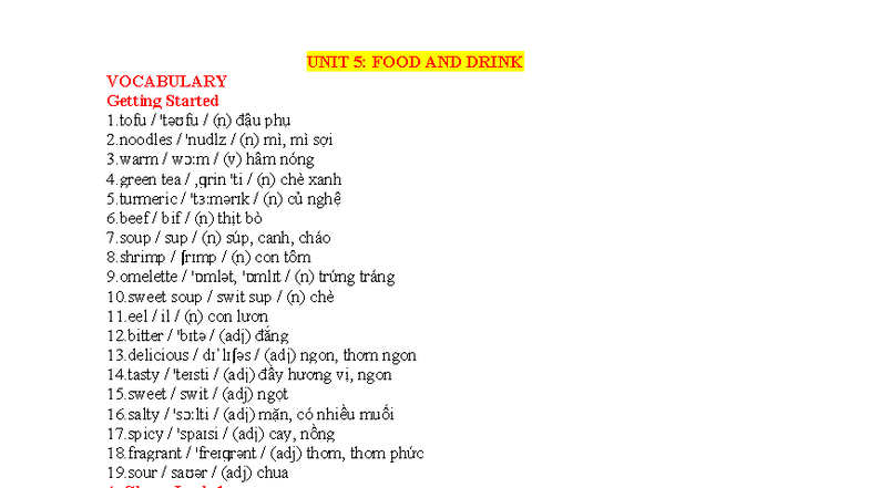 Unit 5: Food and Drink Vocabulary - Key Terms and Usage - Studocu