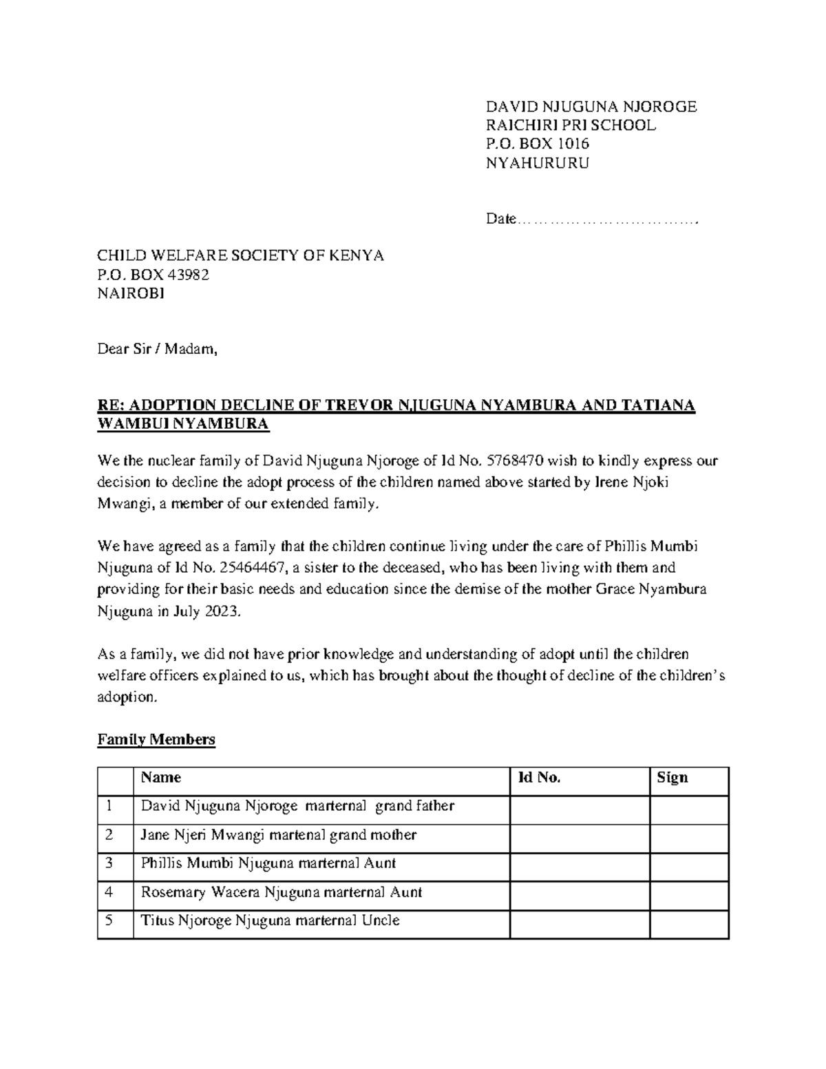 Adoption Decline Notice for Trevor & Tatiana - David Njuguna Njoroge ...