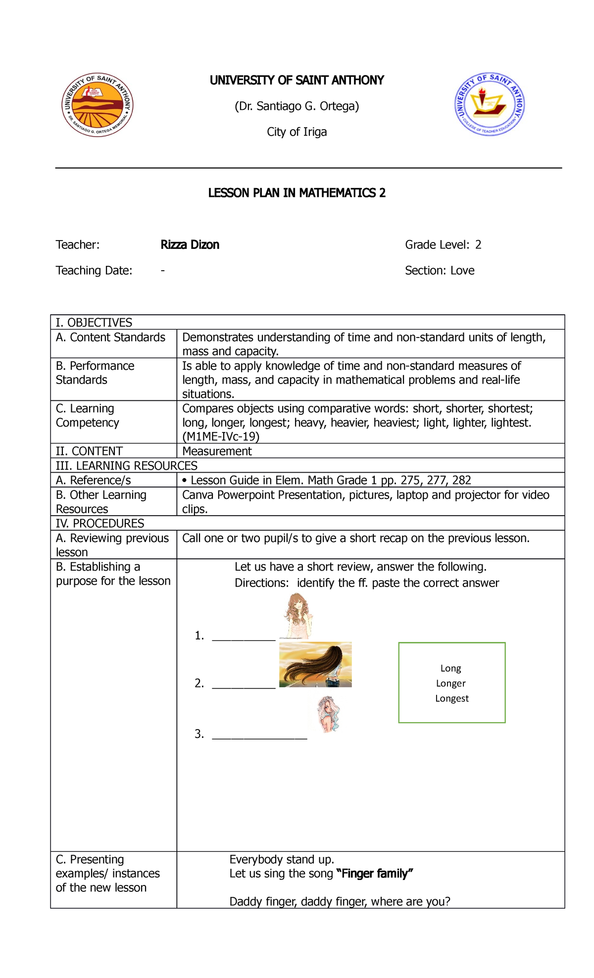 Mathematics Lesson Plan for Grade 2 - Measurement Skills (M1ME-IVc-19 ...