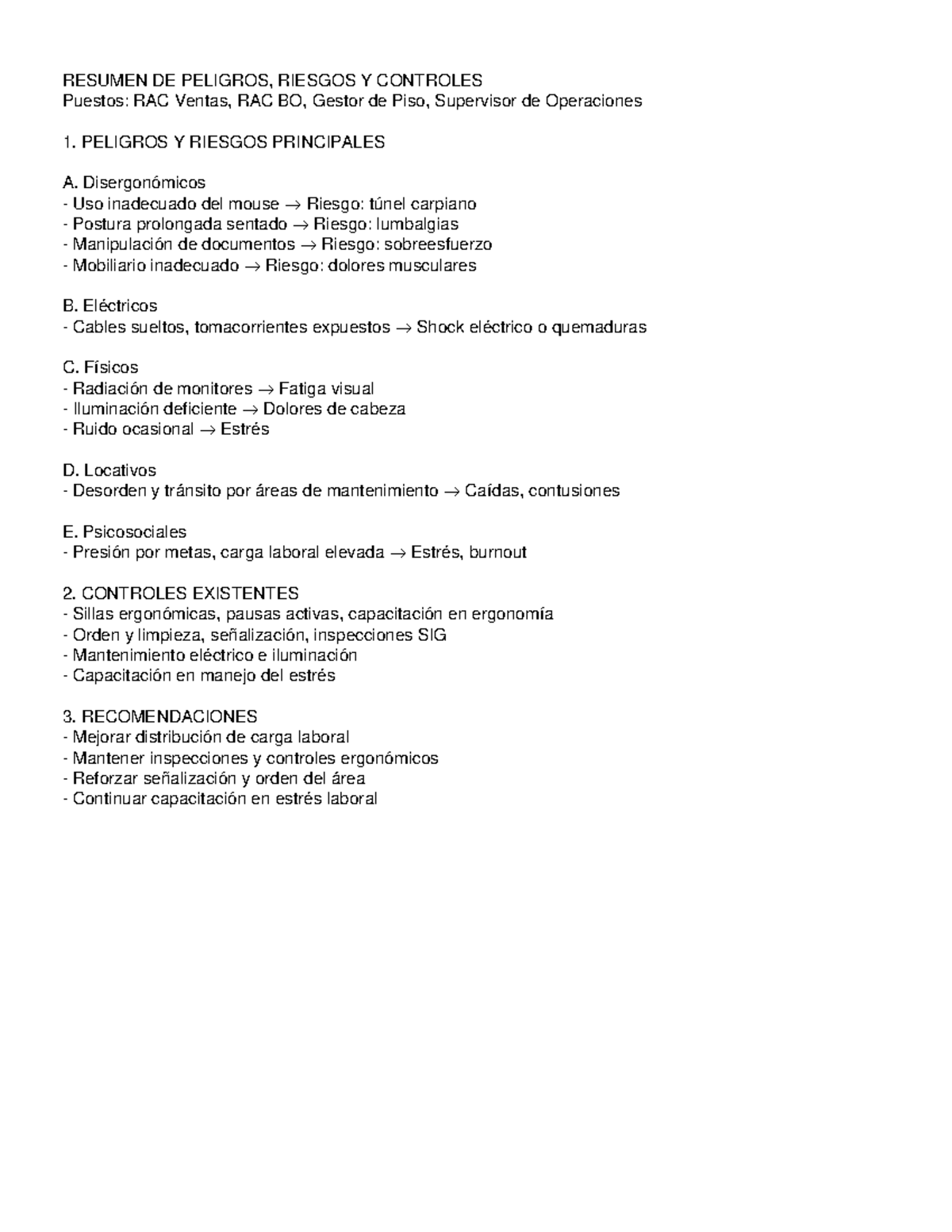 Resumen de Peligros y Controles en Puestos RAC: Ventas y Operaciones ...
