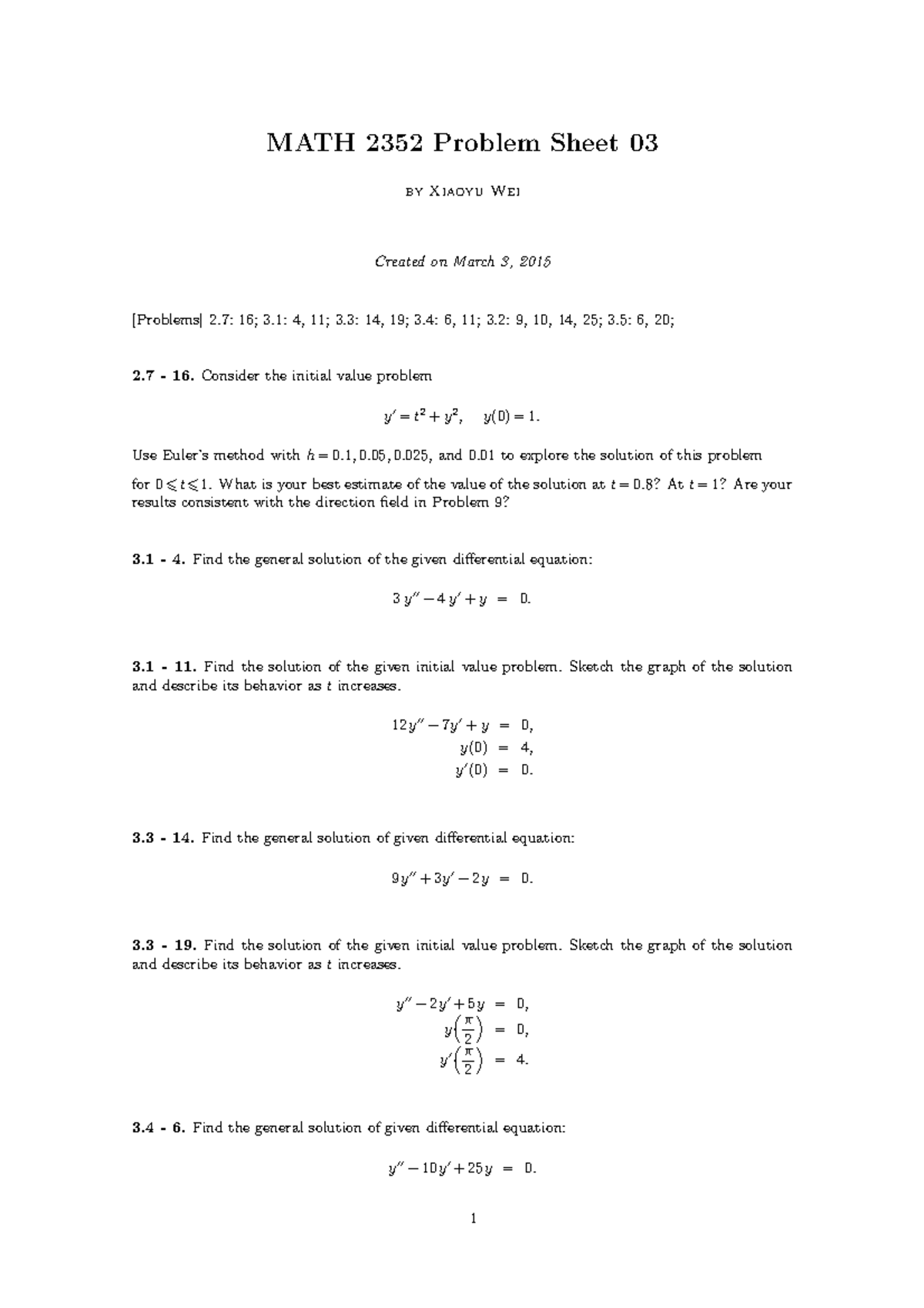 MATH 2352 Problem Sheet 03 Solutions and Explanations - Studocu