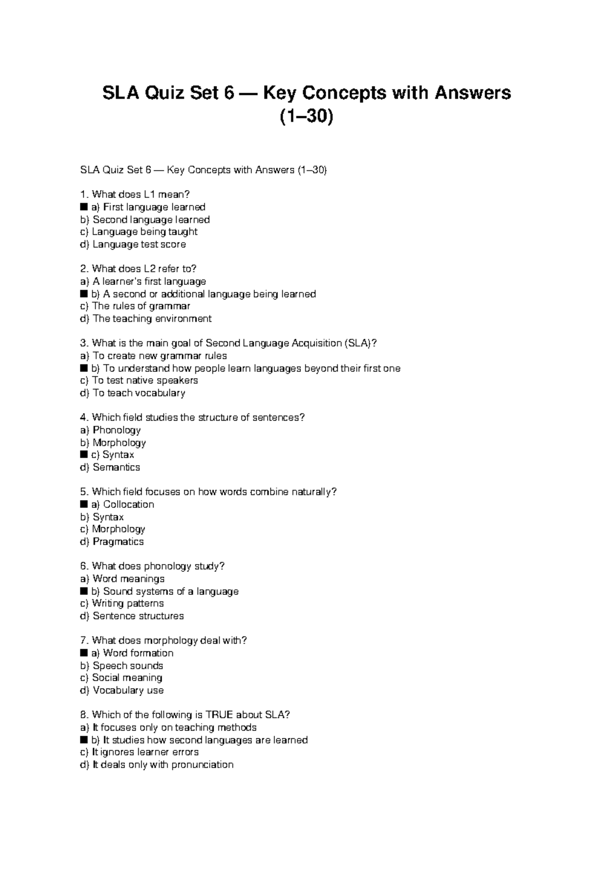 SLA Quiz Set 6: Key Concepts & Answers for Language Learning - Studocu