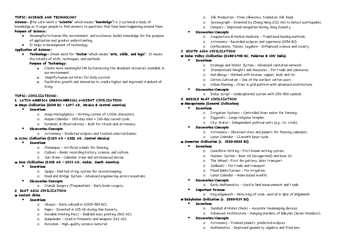 STS 101 Prelims: Science and Technology Overview and Key Civilizations ...