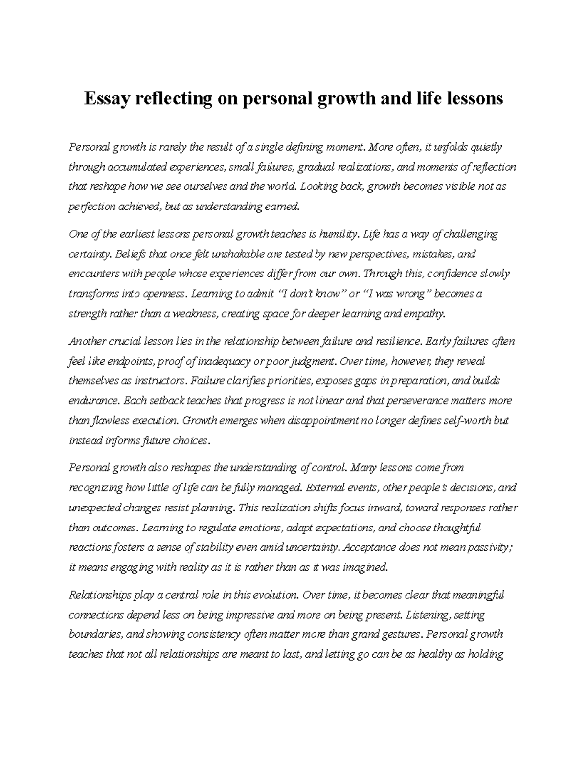 Essay on Personal Growth and Life Lessons - Studocu